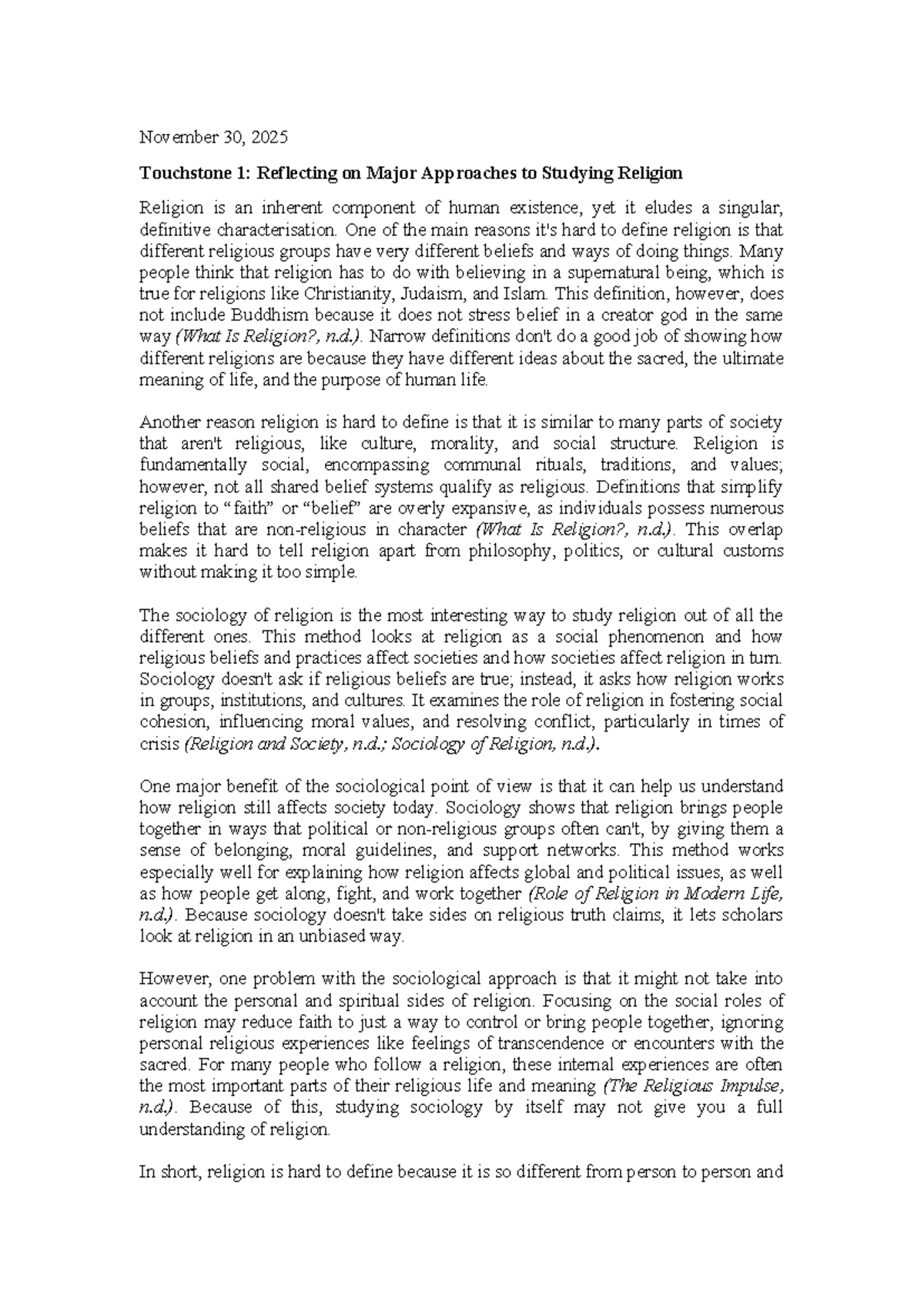 Touchstone 1: Major Approaches to Studying Religion - Studocu