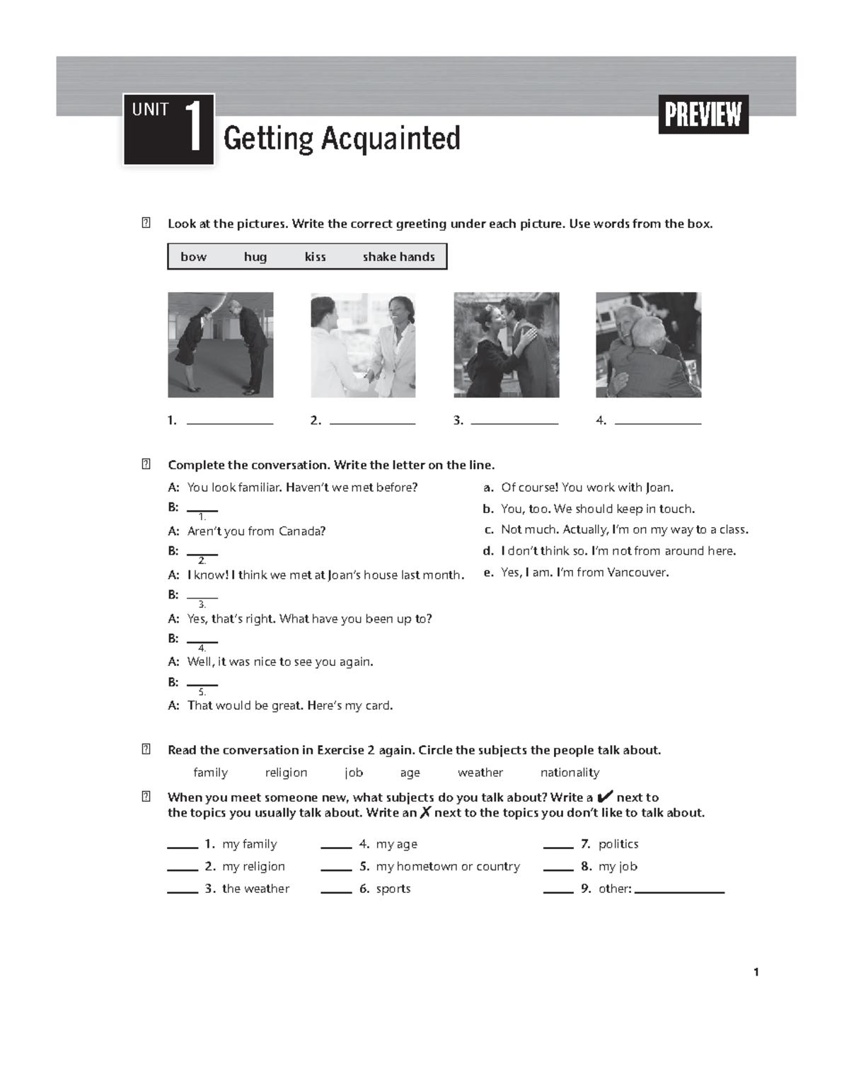 Level 2 Workbook Unit 1: Getting Acquainted Activities and Exercises ...