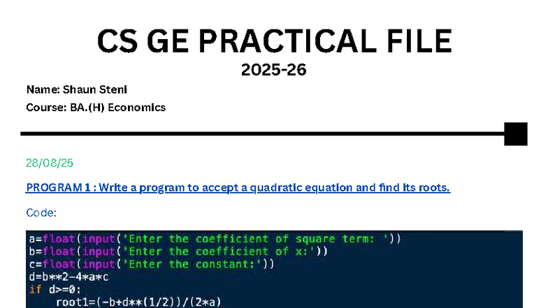 CS GE Practical File: Programming Exercises and Solutions - Studocu