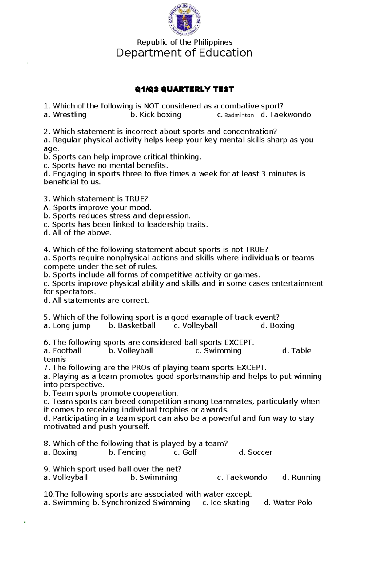 PE and Health 11 Quarterly Test 1: Sports and Stress Management - Studocu