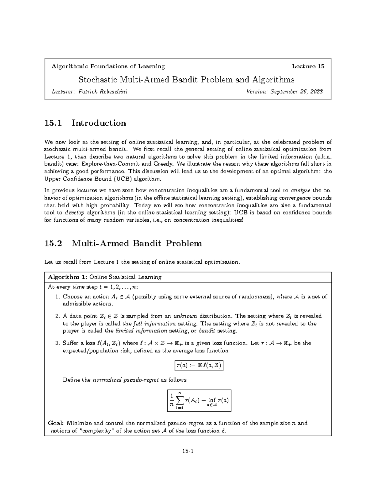 Lecture 15 - Reinforcement learning - Algorithmic Foundations of Learning Lecture 15 Stochastic ...