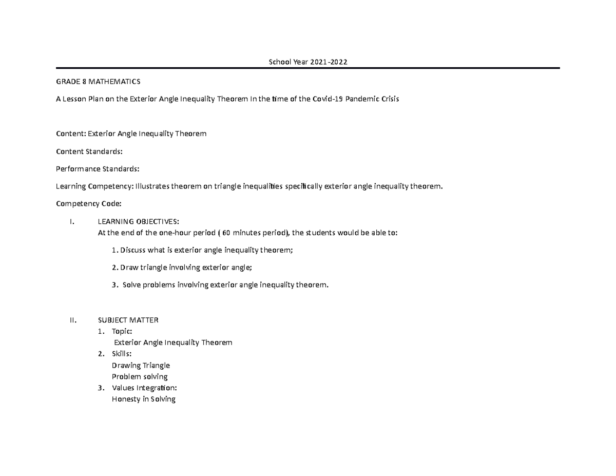 Lesson Plan: Exterior Angle Inequality Theorem for Grade 8 Math - DEPED ...