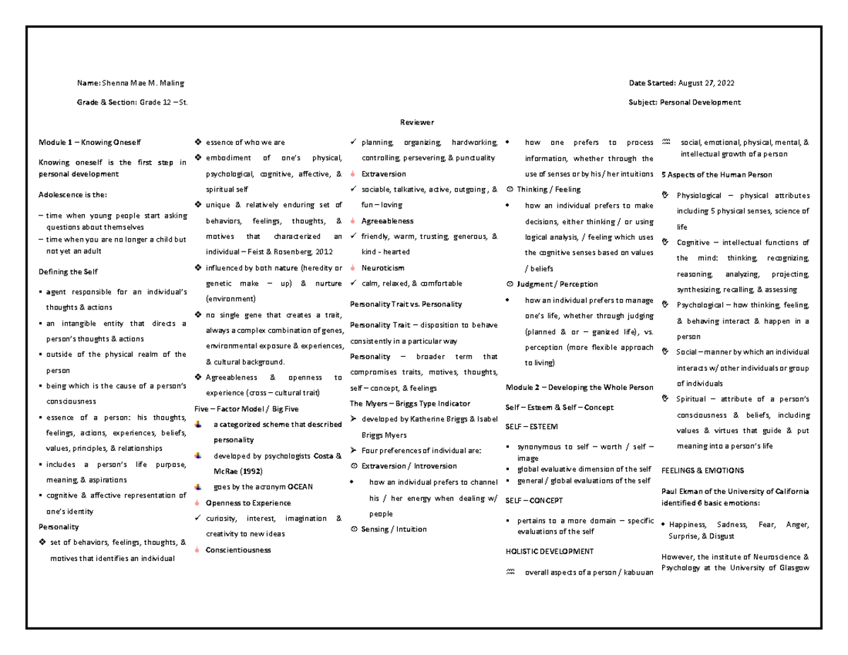 Personal Development Reviewer: Module 1-3 Insights for Grade 12 St ...