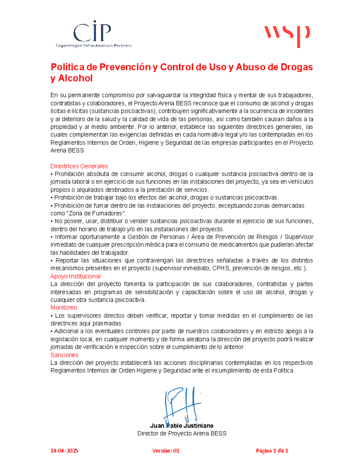 Política de Prevención de Uso de Drogas y Alcohol - Arena BESS Rev.1 ...