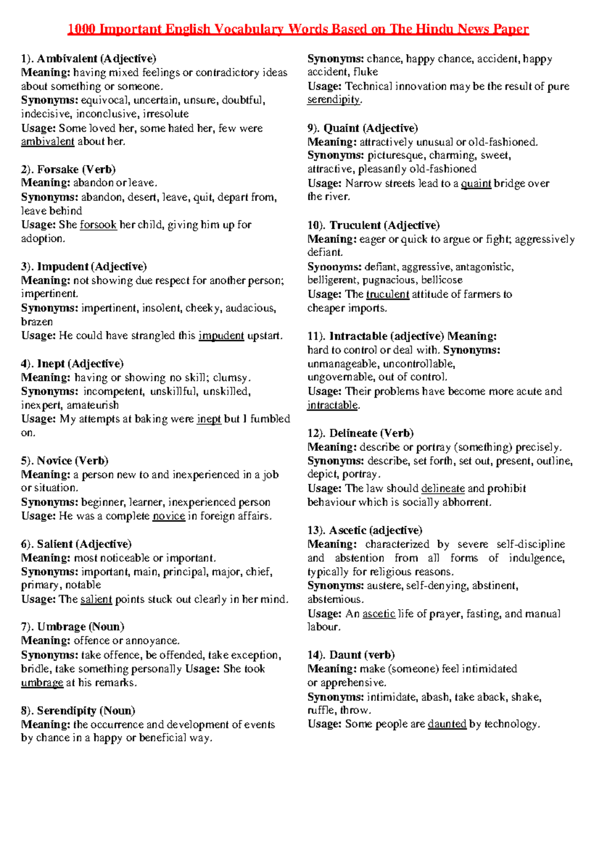 1000 Essential Vocabulary Words from The Hindu Newspaper - Studocu