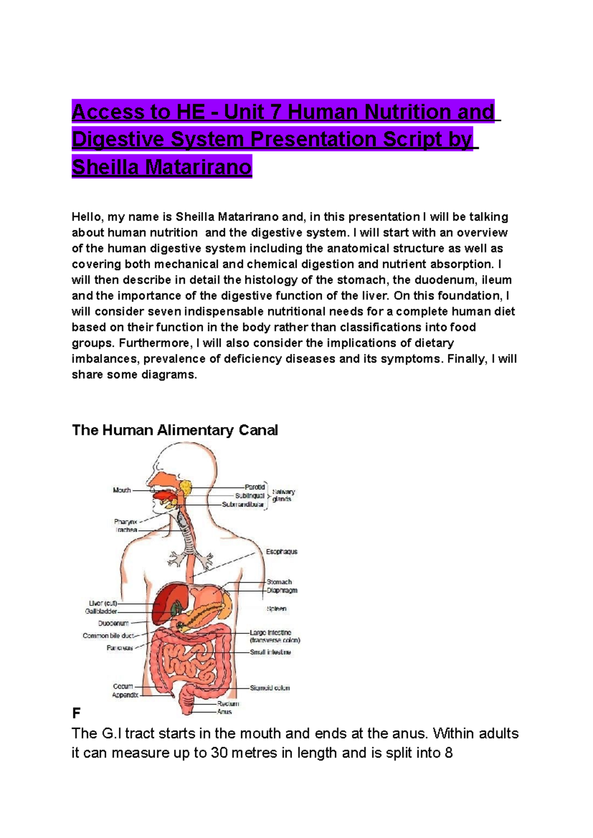 Access to HE Unit 7: Human Nutrition & Digestive System Presentation ...