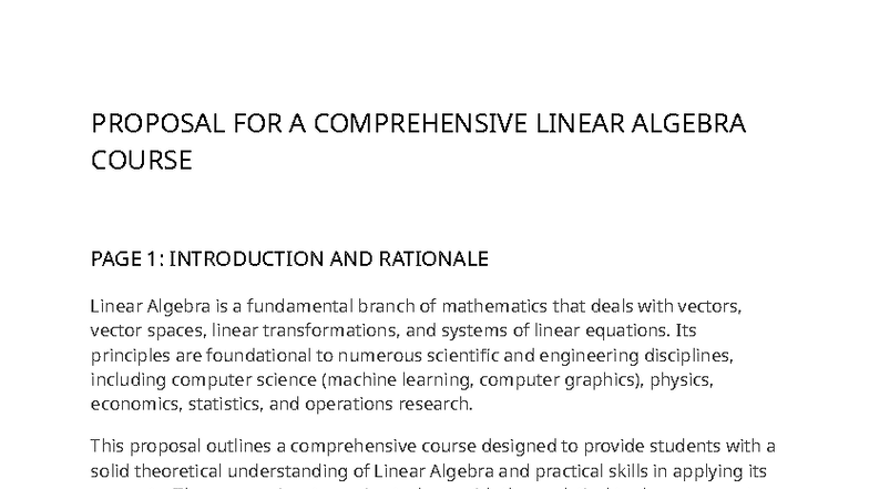 Proposal for Comprehensive Linear Algebra Course (MATH 101) - Studocu