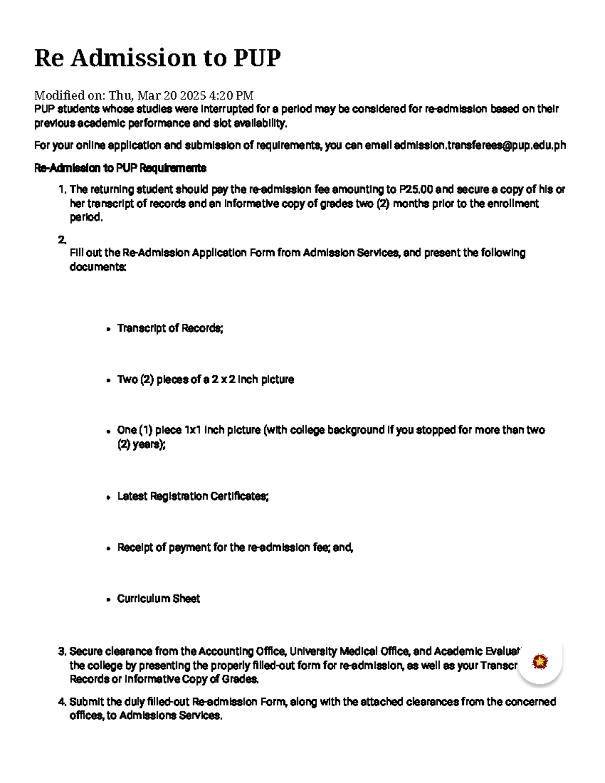 Re-Admission Process for PUP Students: Guidelines and Requirements ...