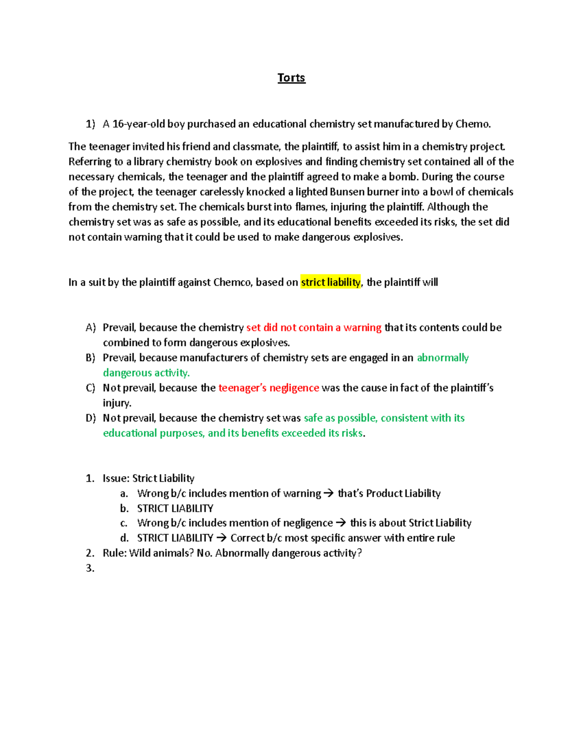 Torts Exam Questions & Answers (Strict Liability, Negligence, Warranty ...