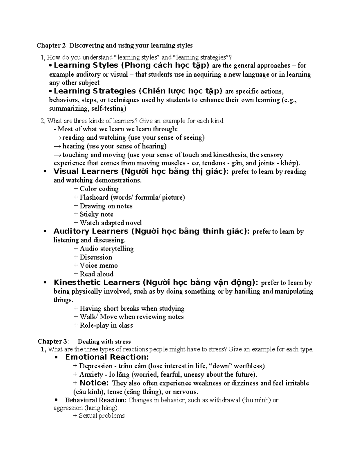 Chapter 2: Learning Styles & Stress Management Strategies (Course Code ...