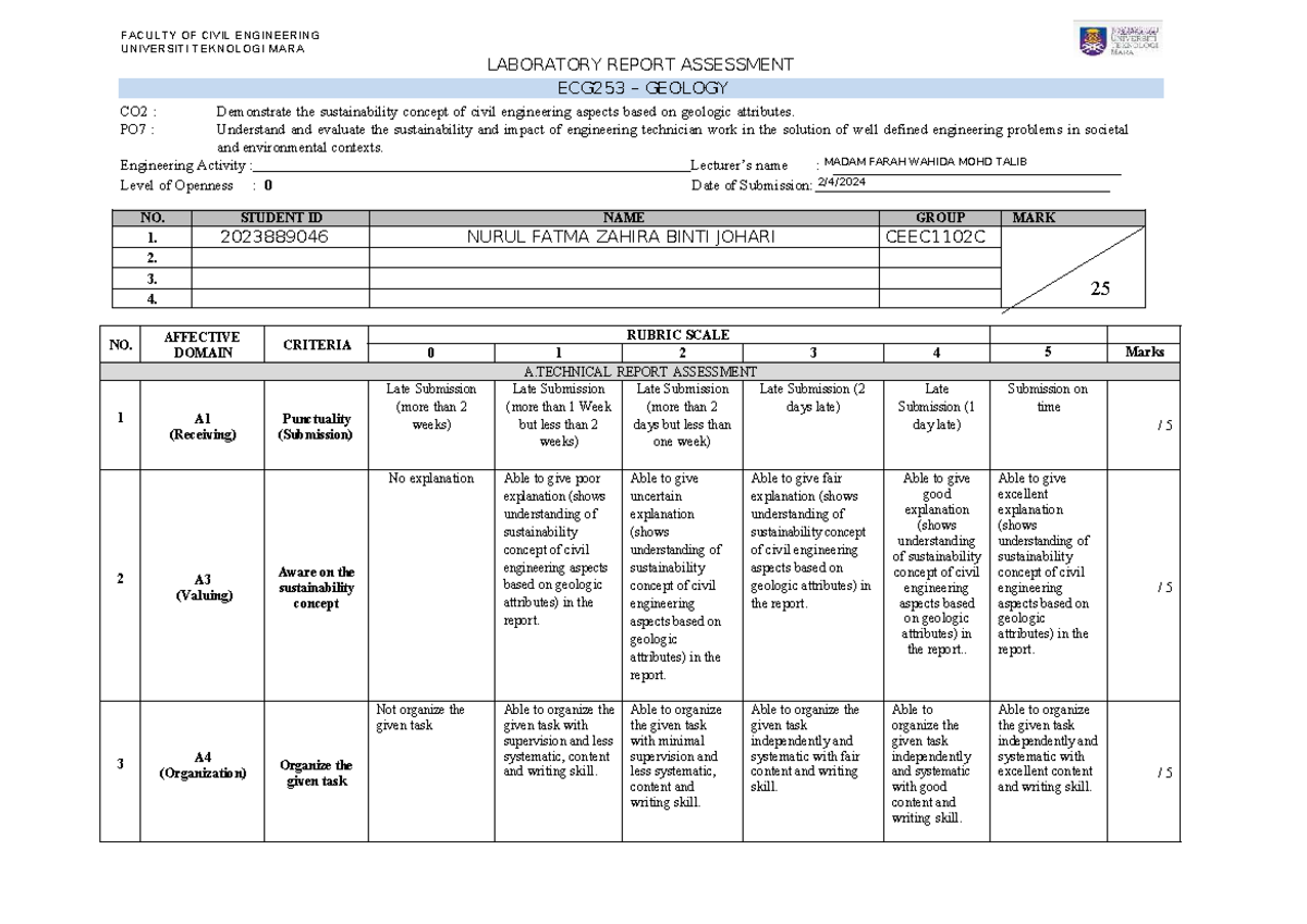 ECG253 Geology Lab Report Assessment Rubric (OEL 0) - Studocu