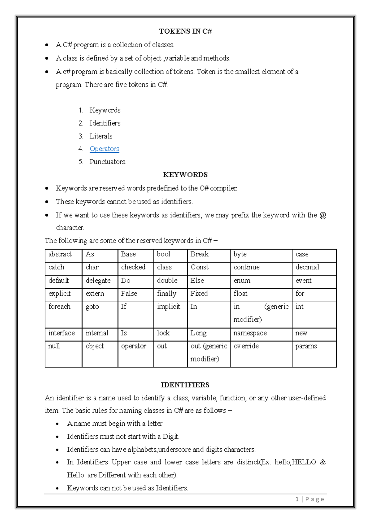 UNIT I Notes - III: Understanding Tokens, Data Types, and Operators in ...