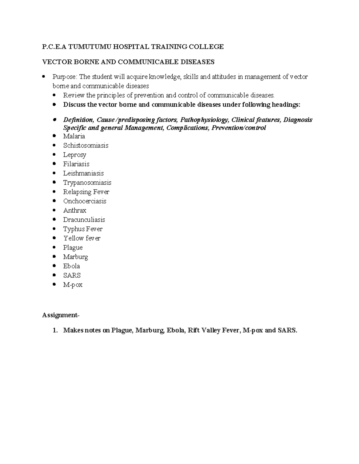 Course outline VBD - P.C.E TUMUTUMU HOSPITAL TRAINING COLLEGE VECTOR ...