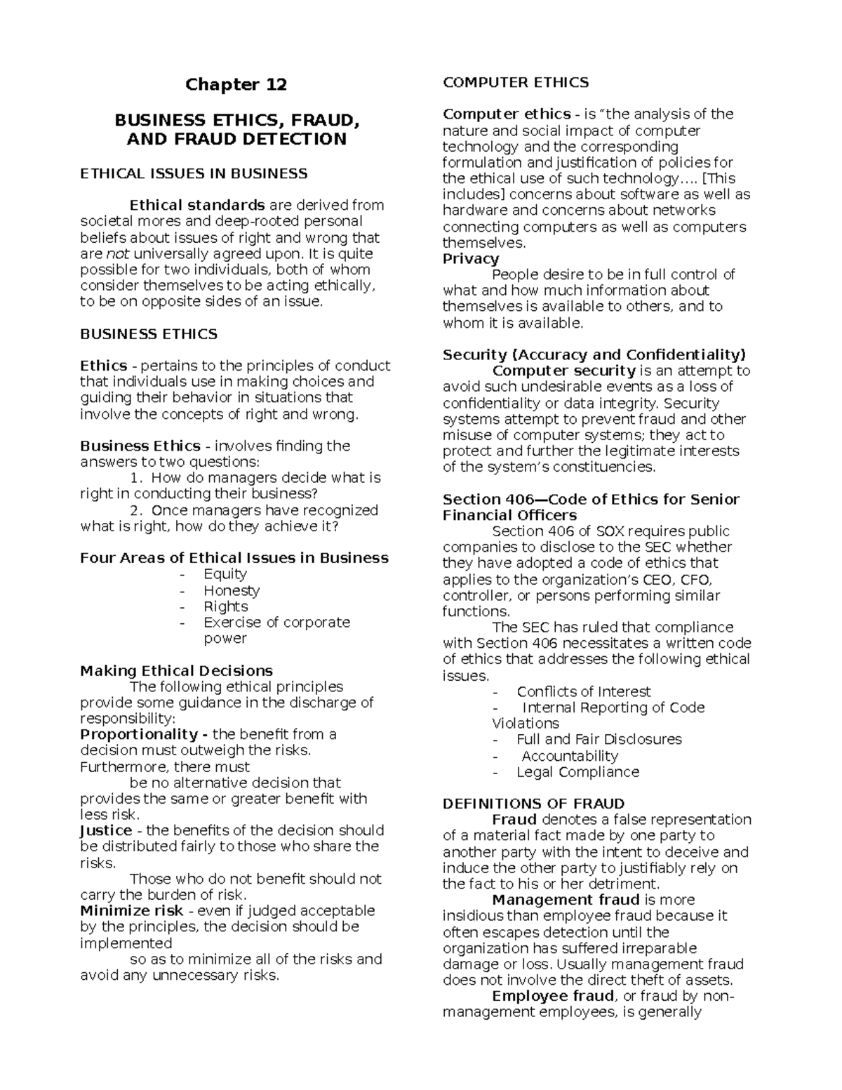 Chapter 12: Business Ethics, Fraud Detection & Ethical Issues in ...