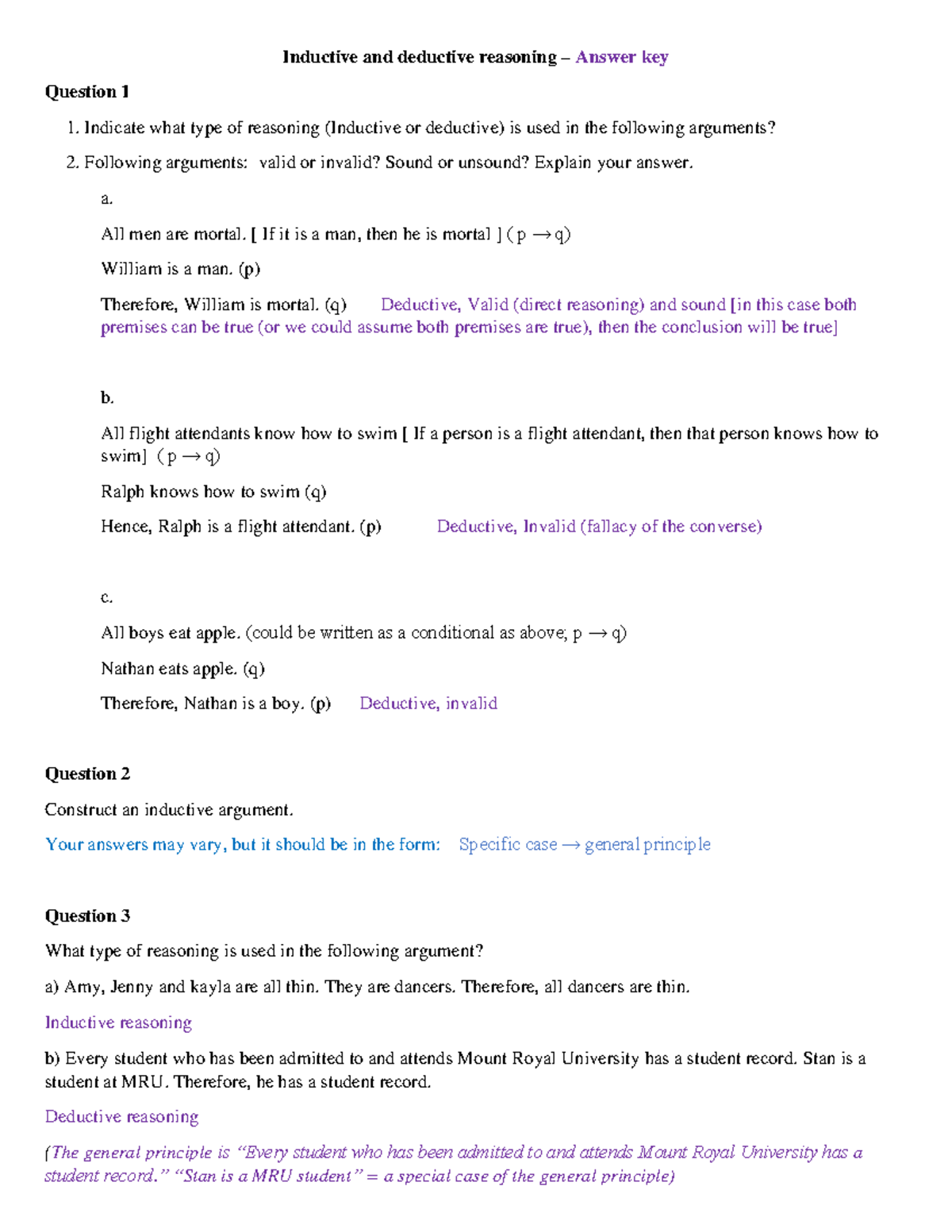 Reasoning Practice Questions - Answer Key for Inductive & Deductive ...