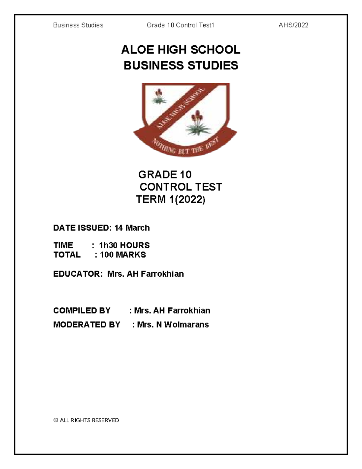 Business Studies Grade 10 Control Test 1 - Term 1 (2022) - Studocu