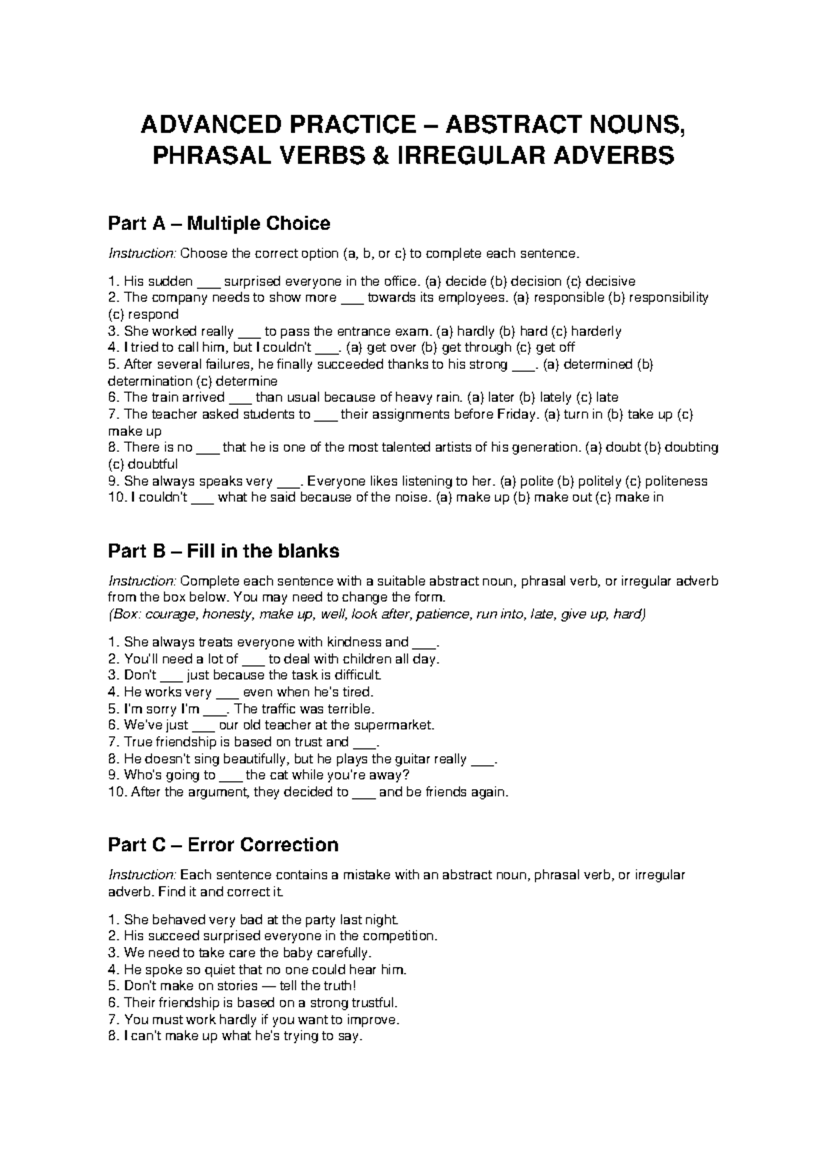 Advanced Practice: Abstract Nouns, Phrasal Verbs & Irregular Adverbs ...