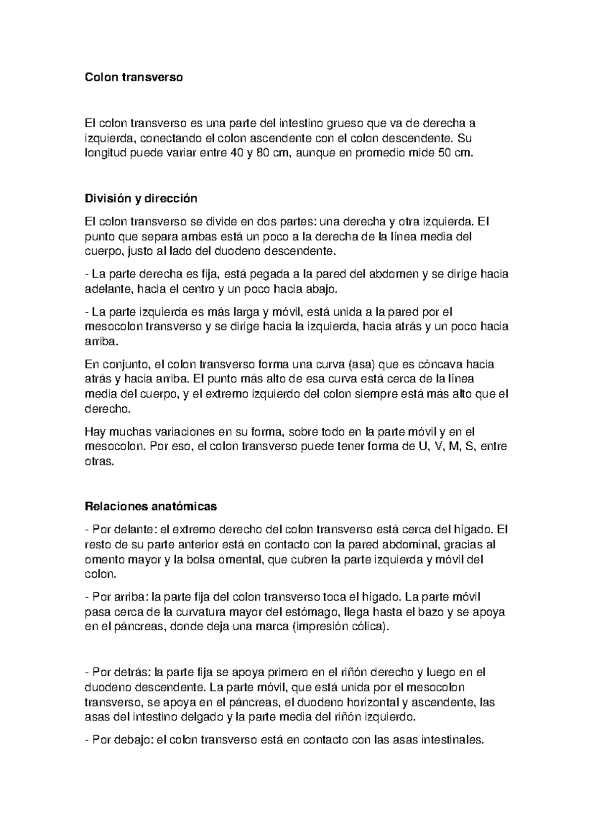 Exposición sobre el Colon Transverso: Anatomía y Funciones - Studocu