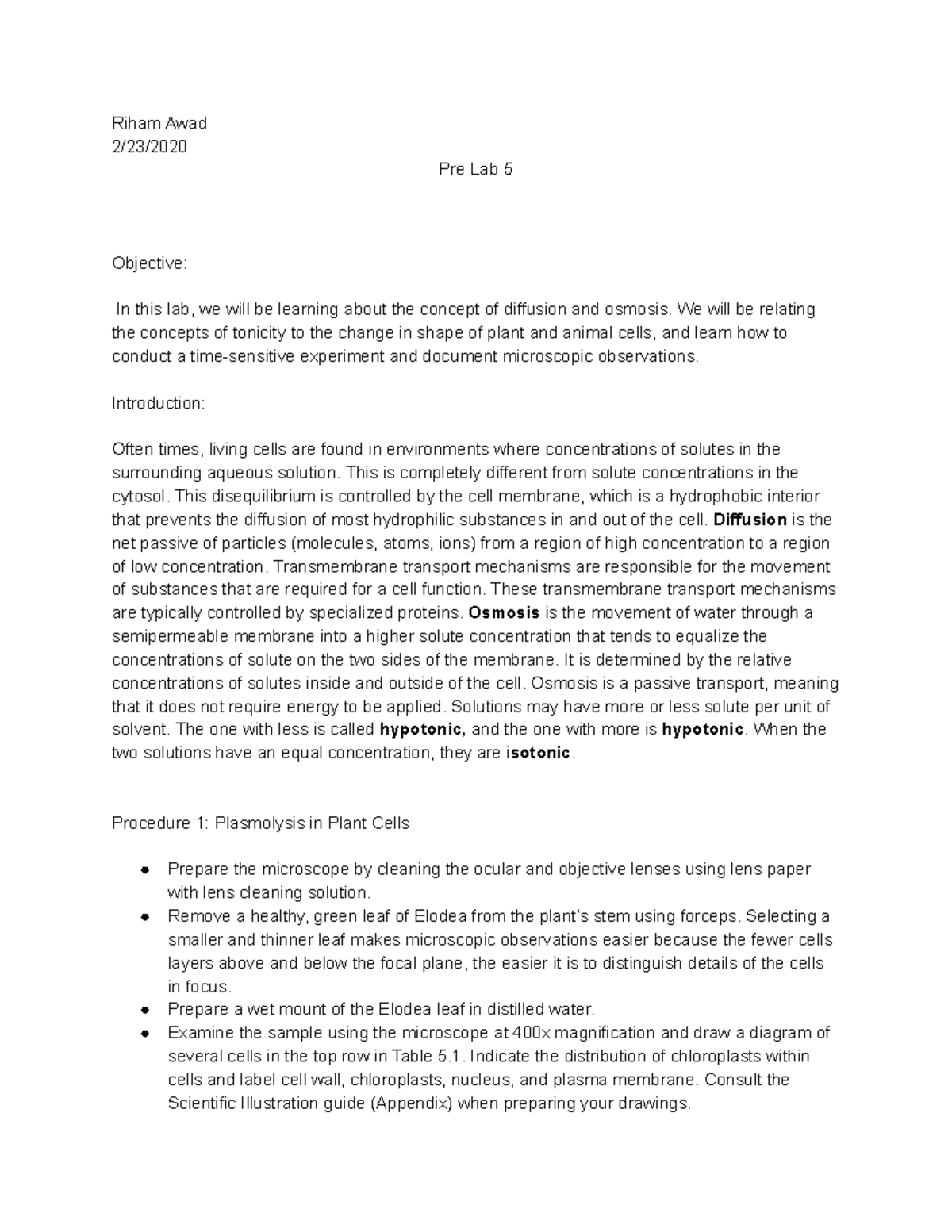 Pre Lab 5 - Pre-laboratory notes on experiment instructions - Riham ...