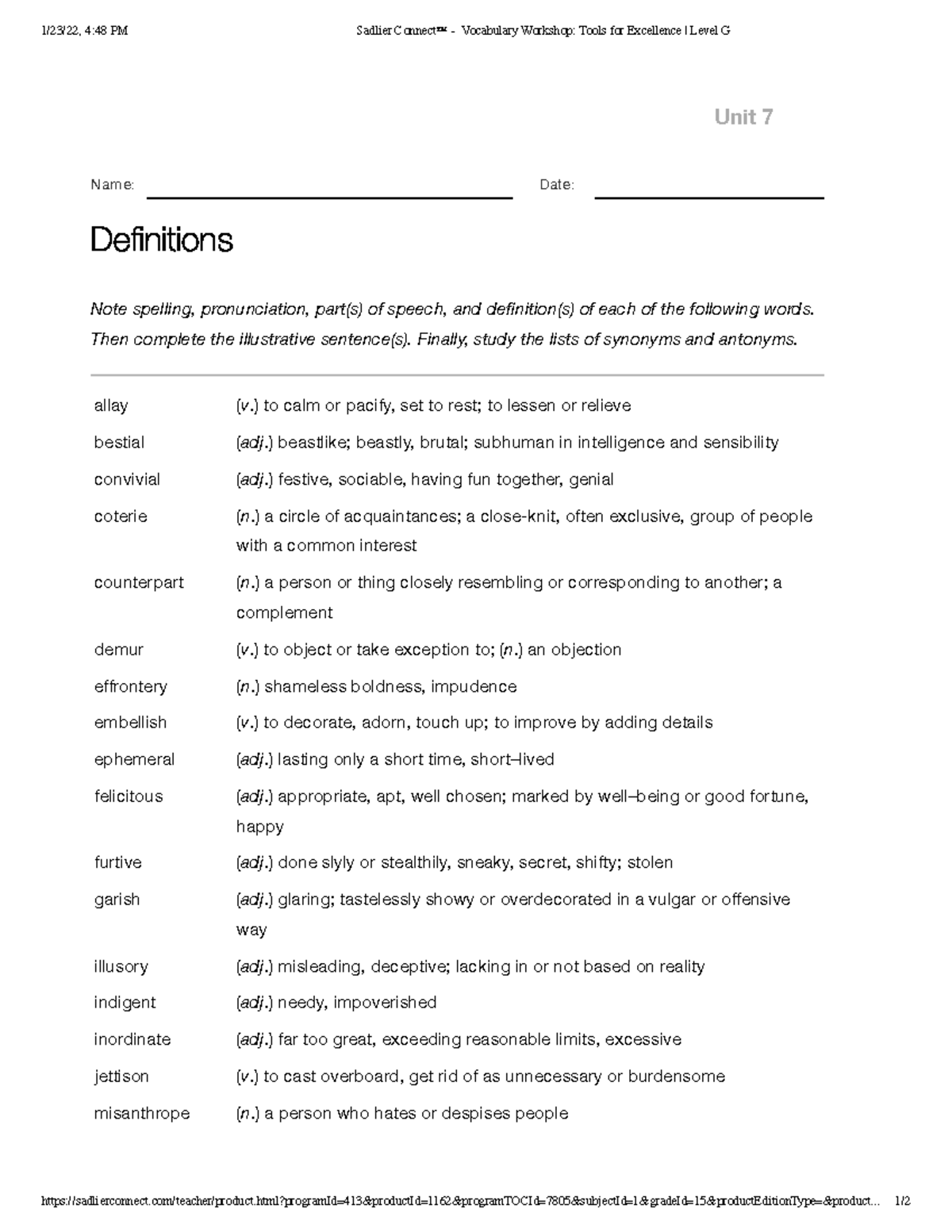 Sadlier - Level G - Vocabulary Workshop Unit 7 Definitions Guide - Studocu