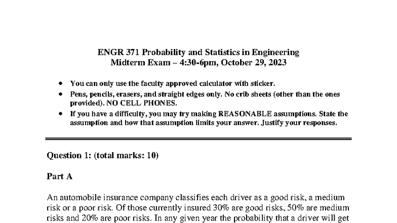 ENGR 371 Probability and Statistics in Engineering Midterm Exam Notes ...