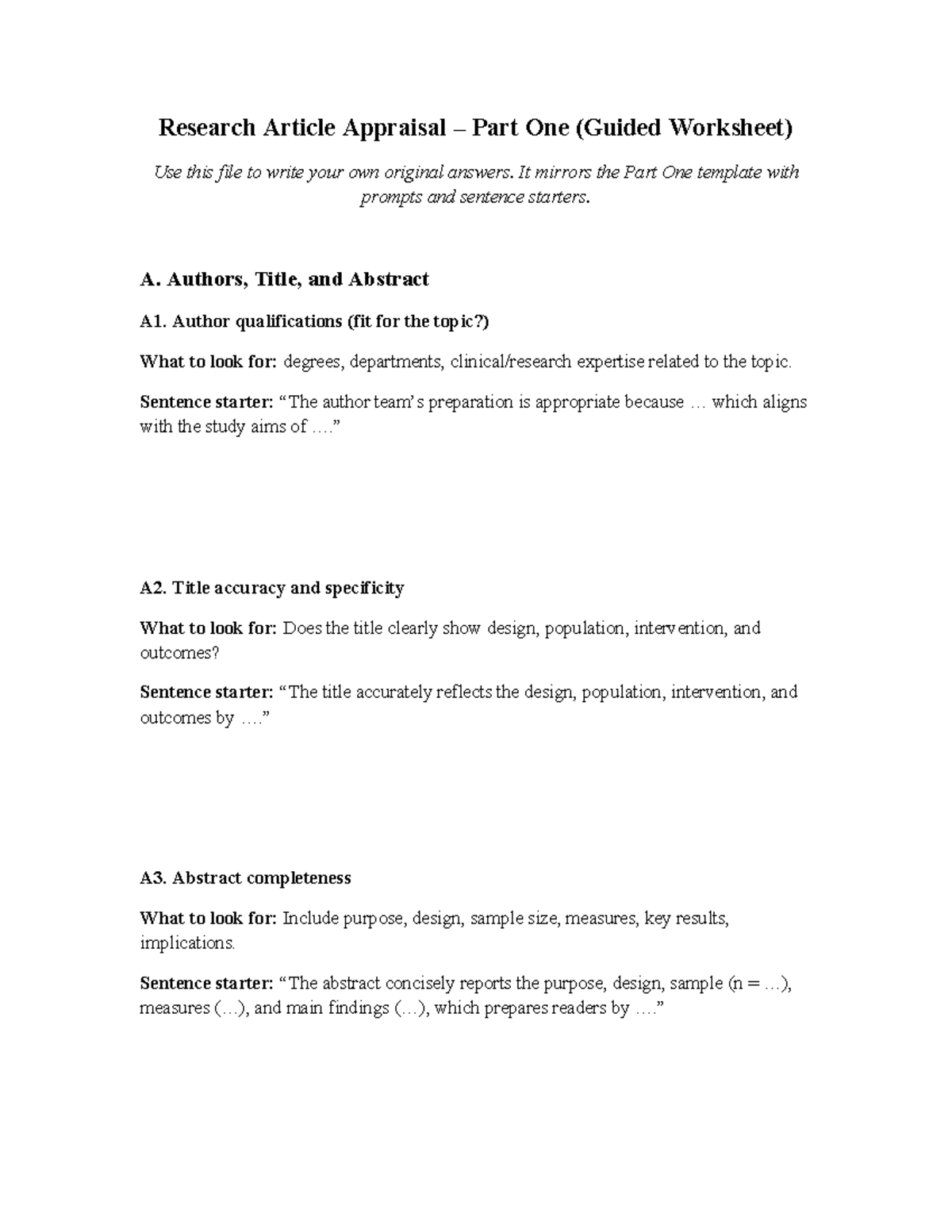 Research Article Appraisal Part One: Guided Worksheet for Analysis ...