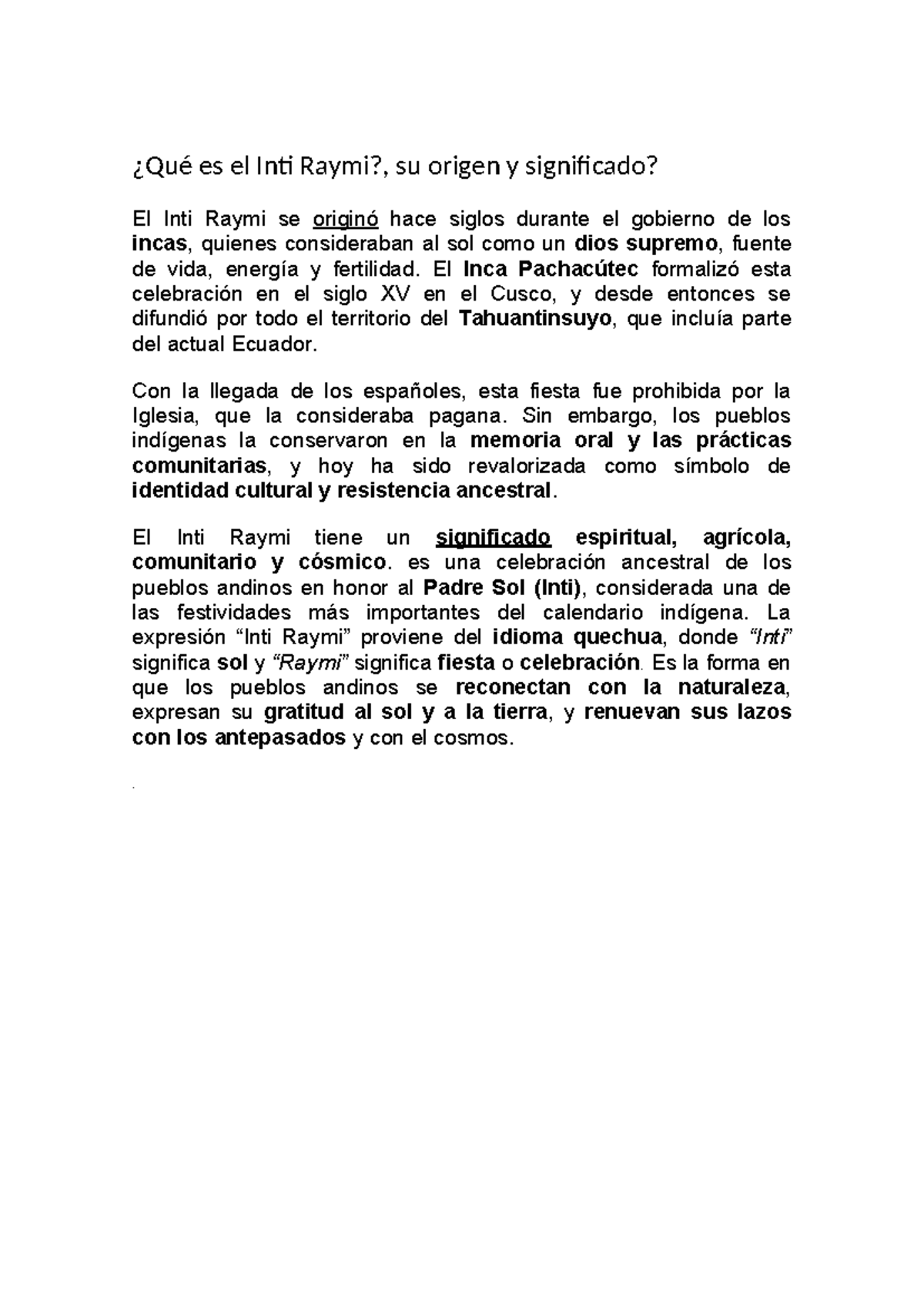 Inti Raymi: Origen y Significado de la Fiesta del Sol - Studocu