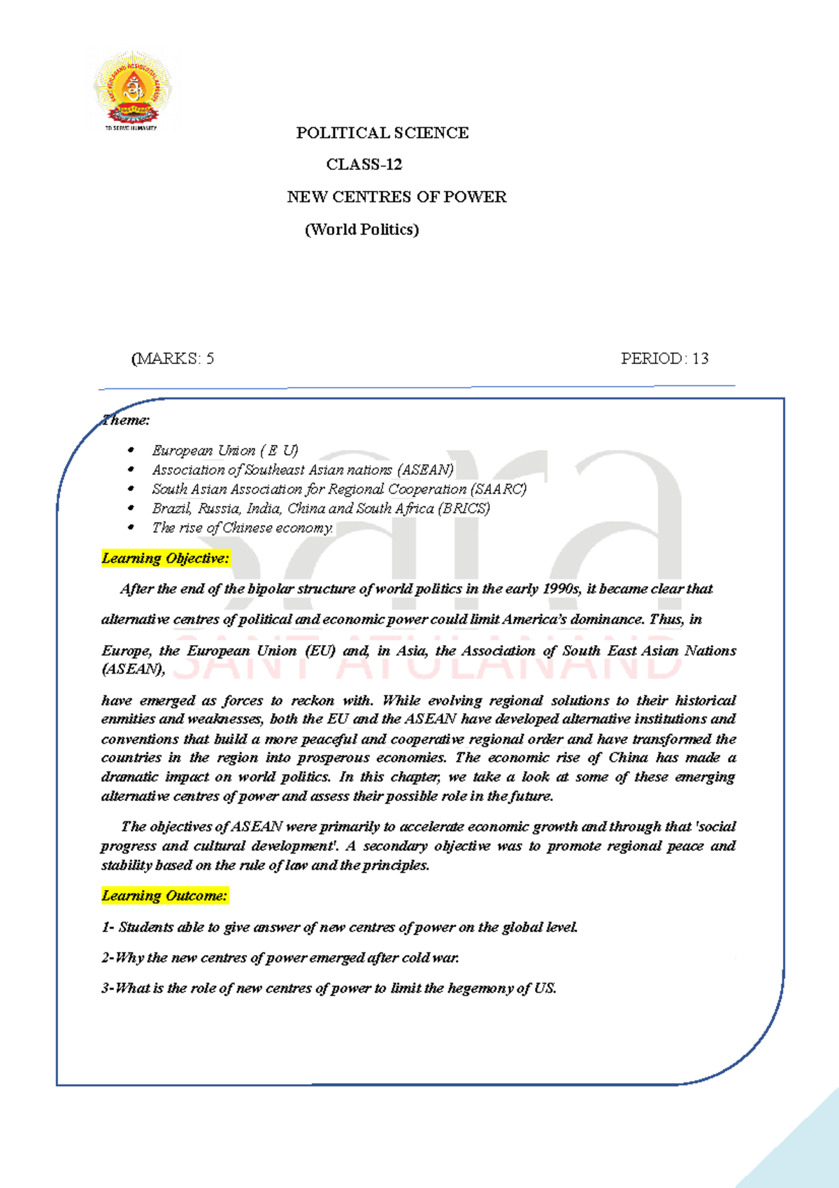 12.pol.New centres of power - POLITICAL SCIENCE CLASS- NEW CENTRES OF ...