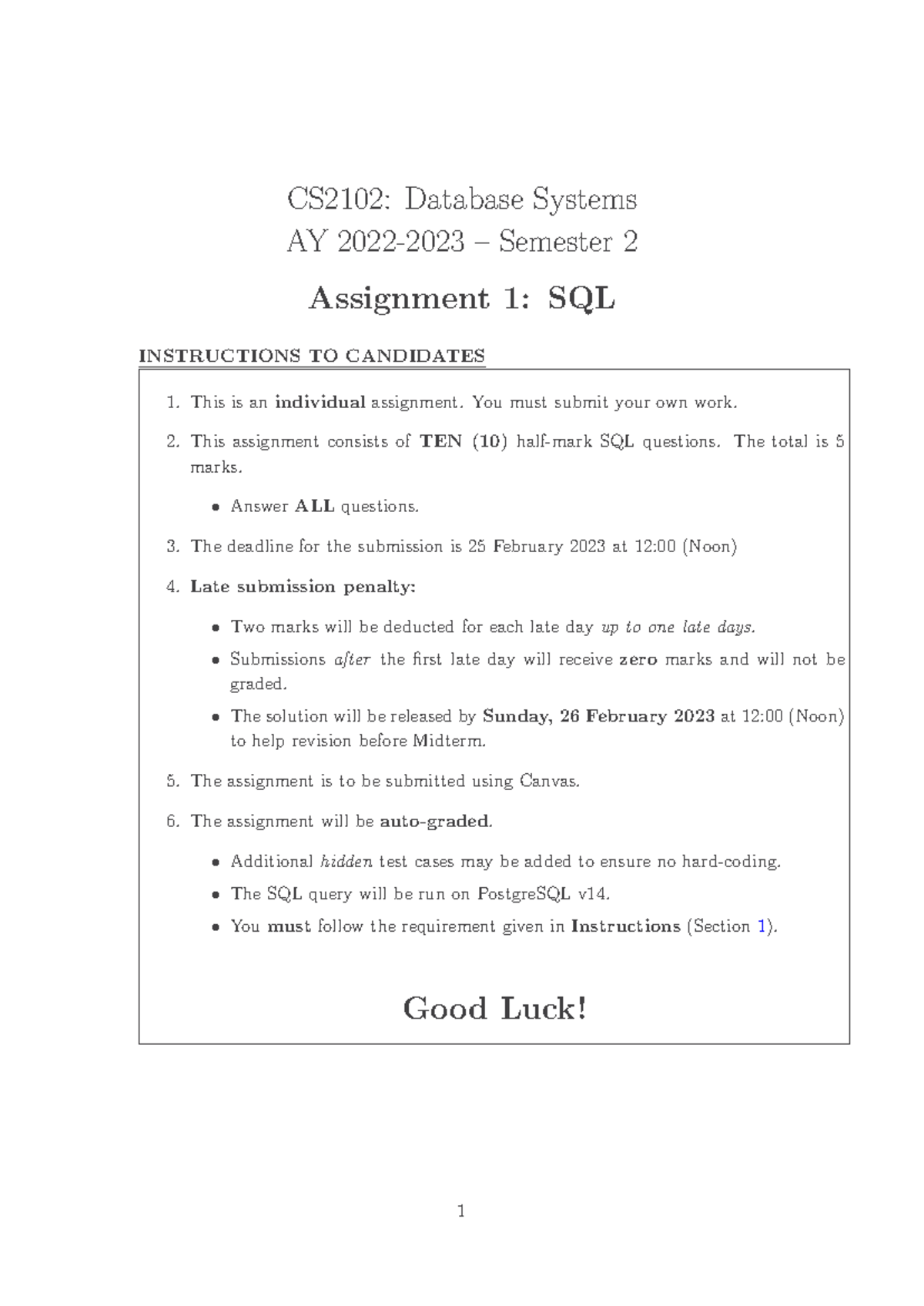 CS2102: Assignment 1 - SQL Queries and Instructions for Submission - Studocu