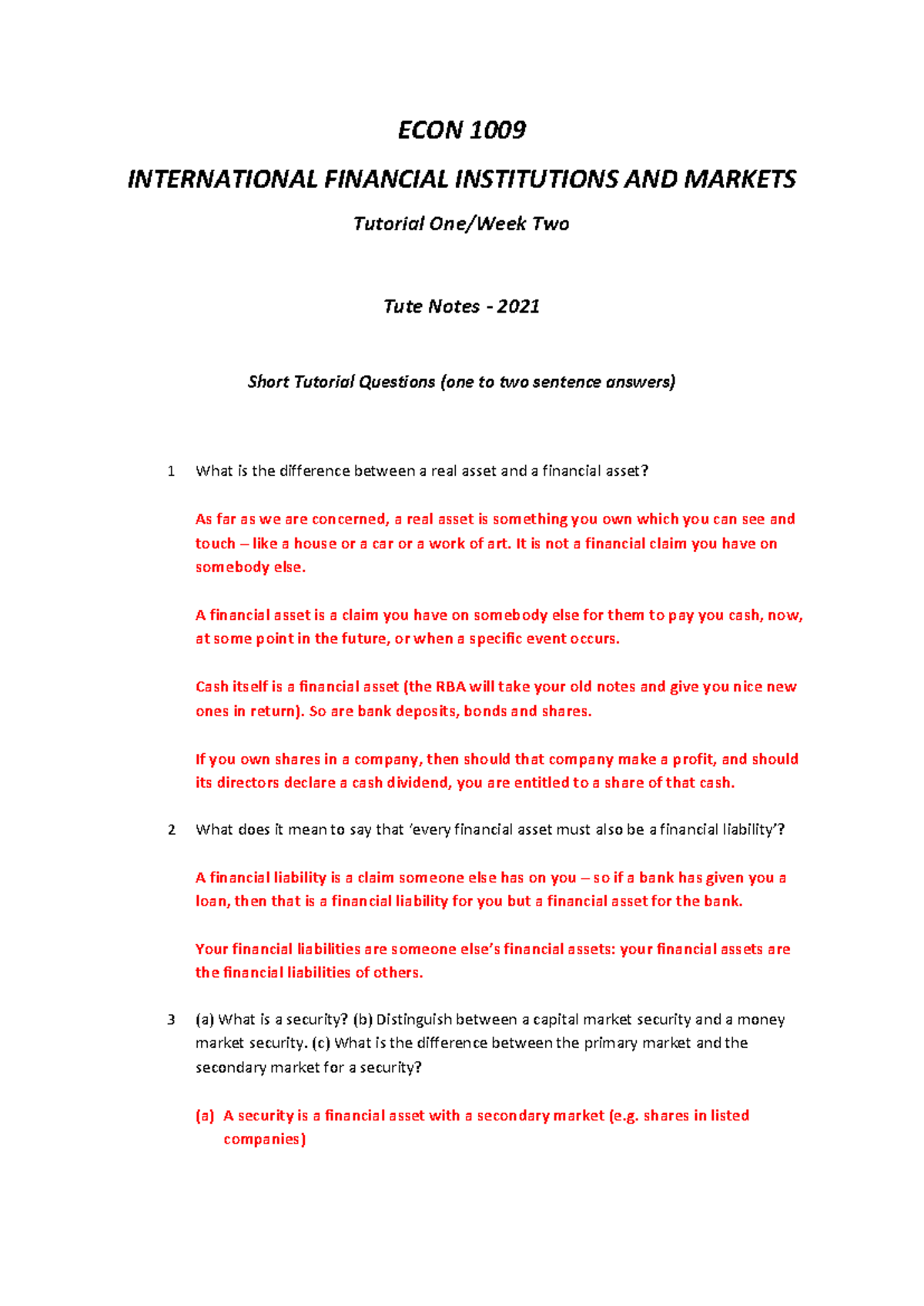 Tute 1 Notes - ECON 1009 INTERNATIONAL FINANCIAL INSTITUTIONS AND ...