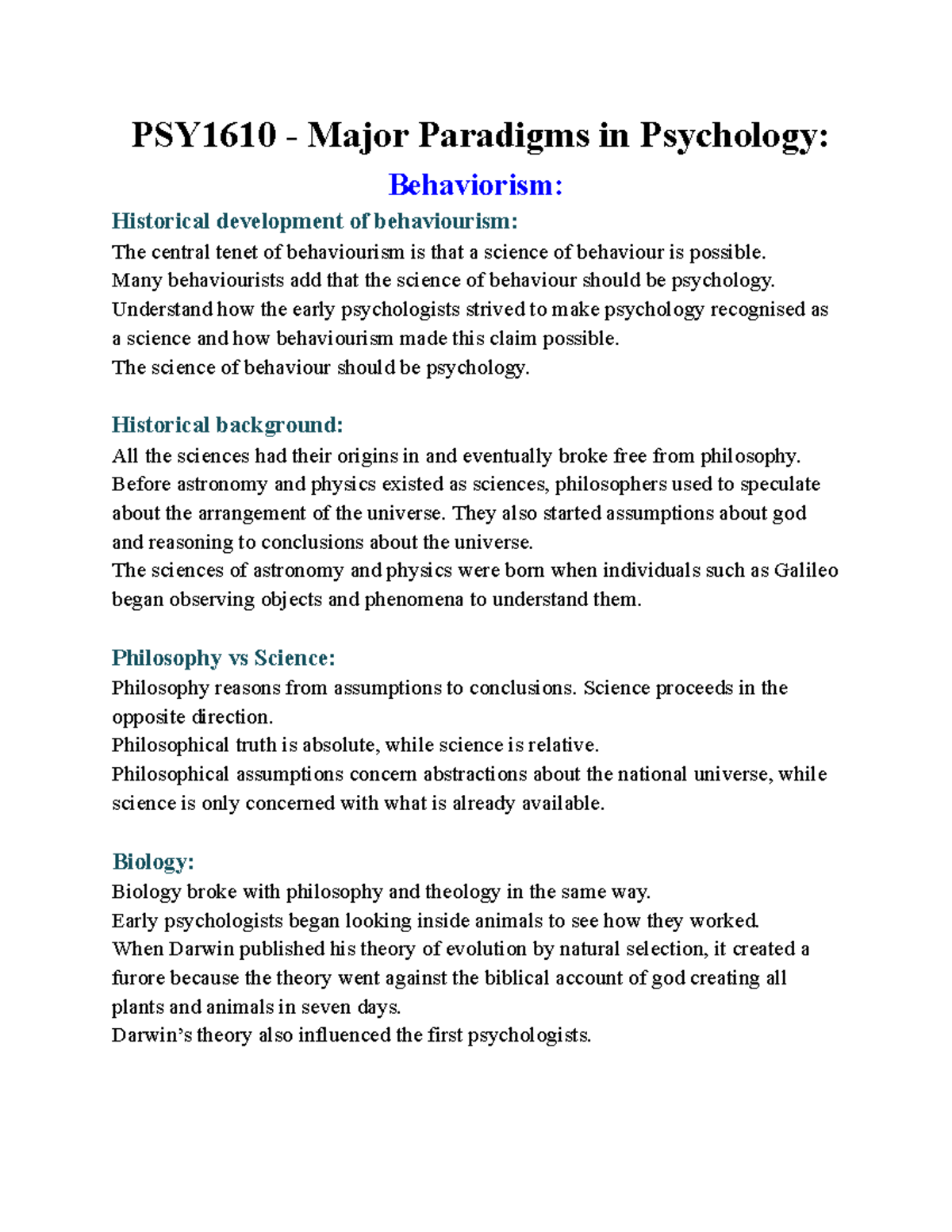 PSY1610 - Major Paradigms in Psychology: Behaviorism Overview - Studocu