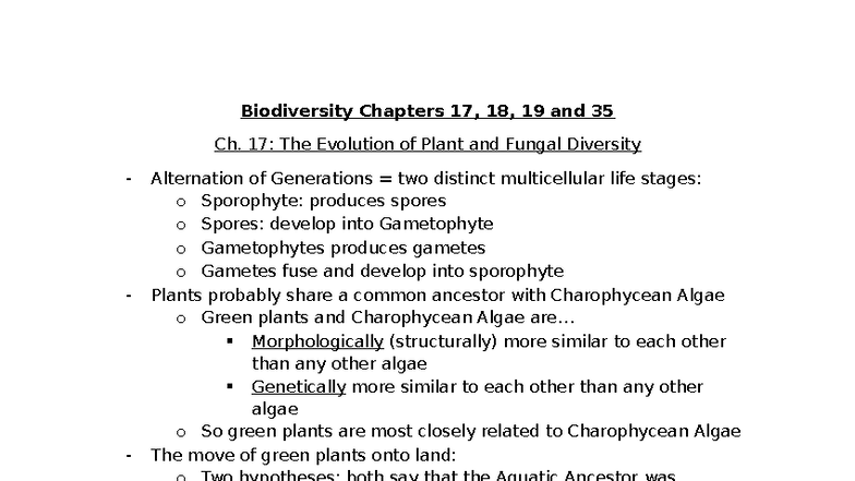 Biodiversity and Evolution: Ch. 17, 18, 19, and 35 Overview - Studocu