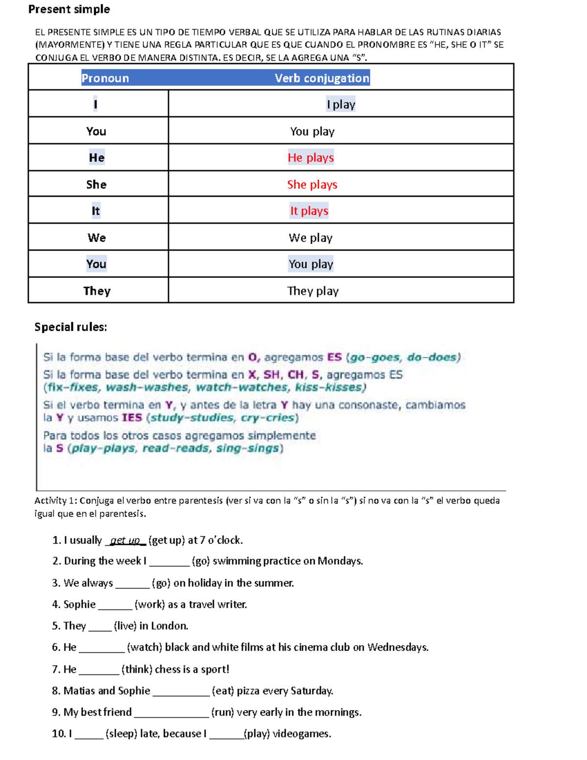 Present Simple: Reglas y Ejercicios de Conjugación - Studocu