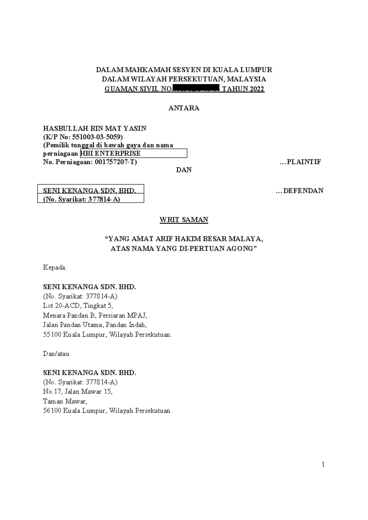 Drafting WRIT OF Summon Sample - DALAM MAHKAMAH SESYEN DI KUALA LUMPUR ...