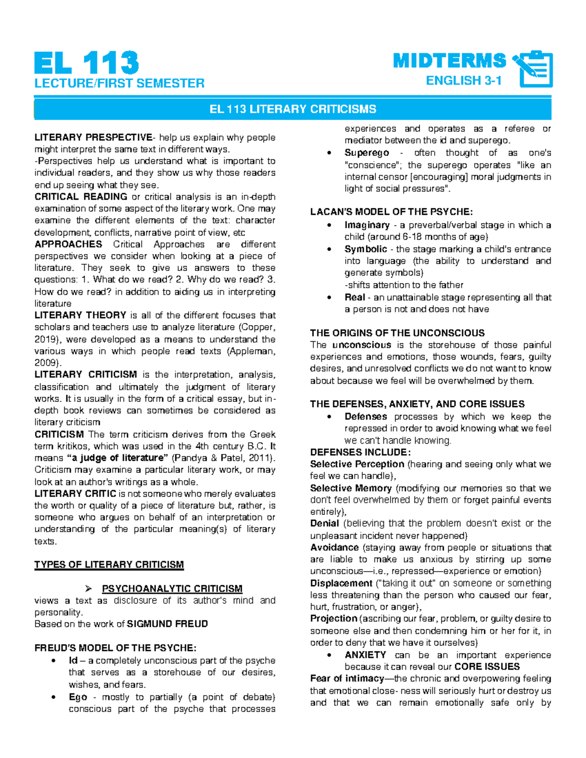 EL 113 Midterm Exam Study Guide on Literary Criticism and Theory - Studocu
