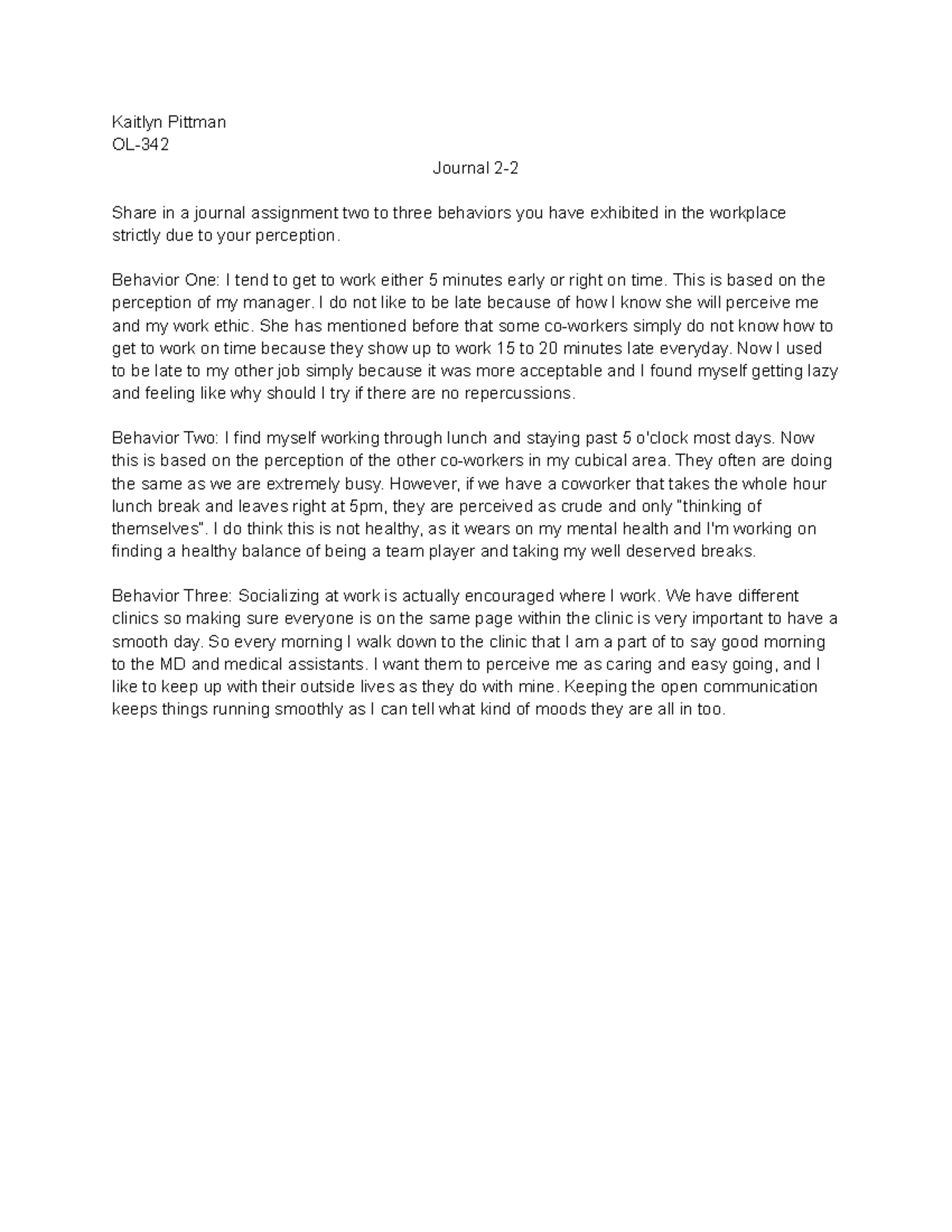 OL-2 Journal 2: Perceptions and Behaviors in the Workplace - Studocu