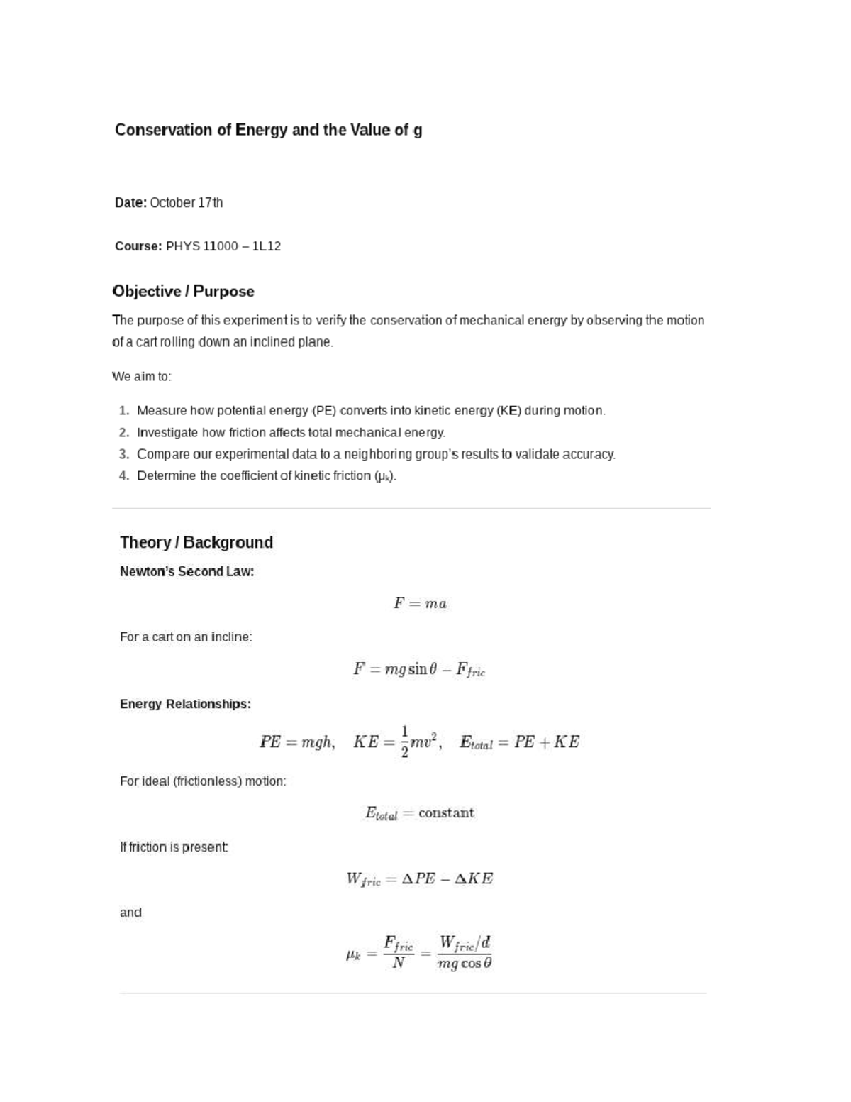 LAB VI: Conservation of Energy & Gravitational Acceleration (PHYS 110 ...