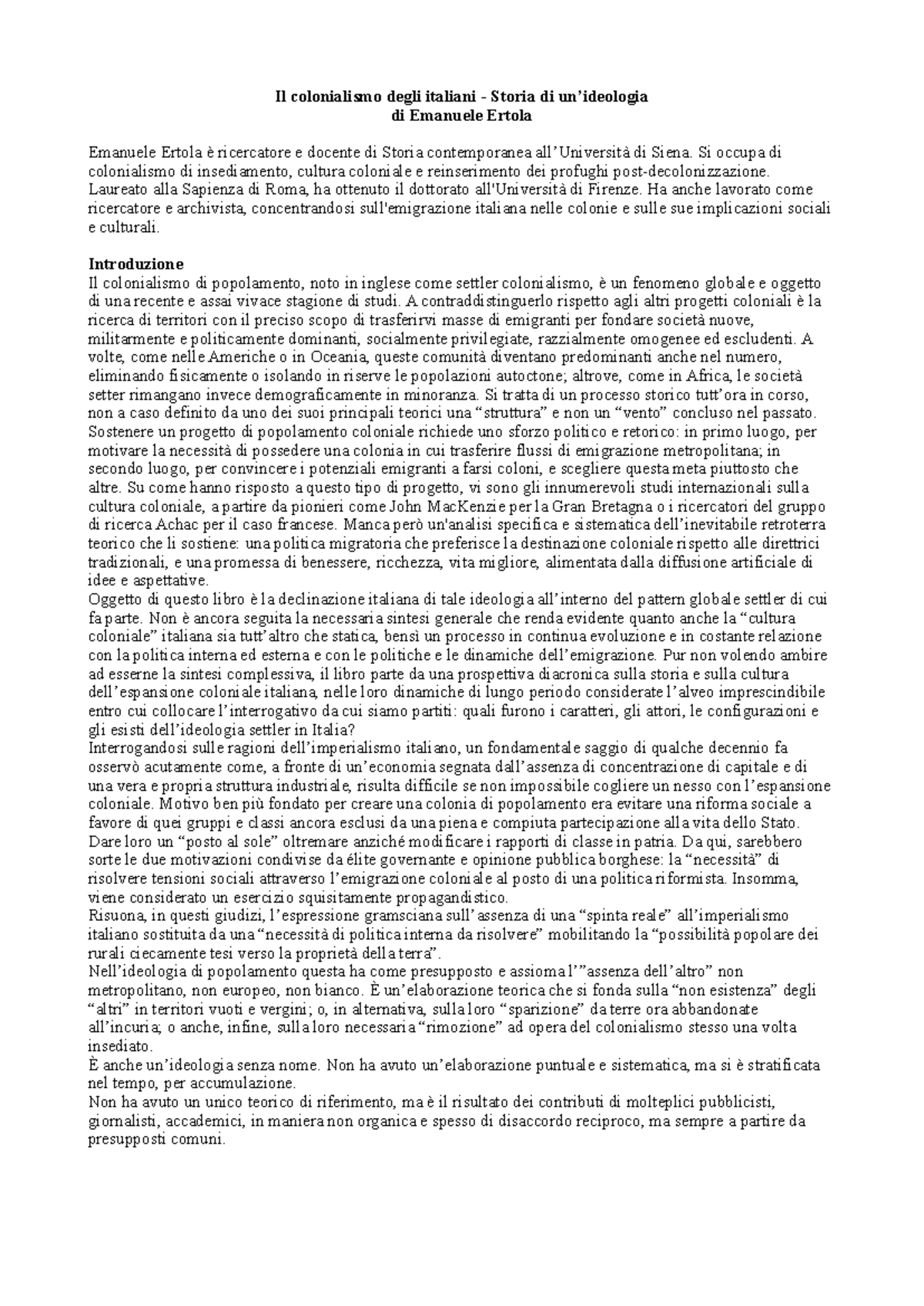 Storia del Colonialismo Italiano: Un'Analisi di Emanuele Ertola - Studocu