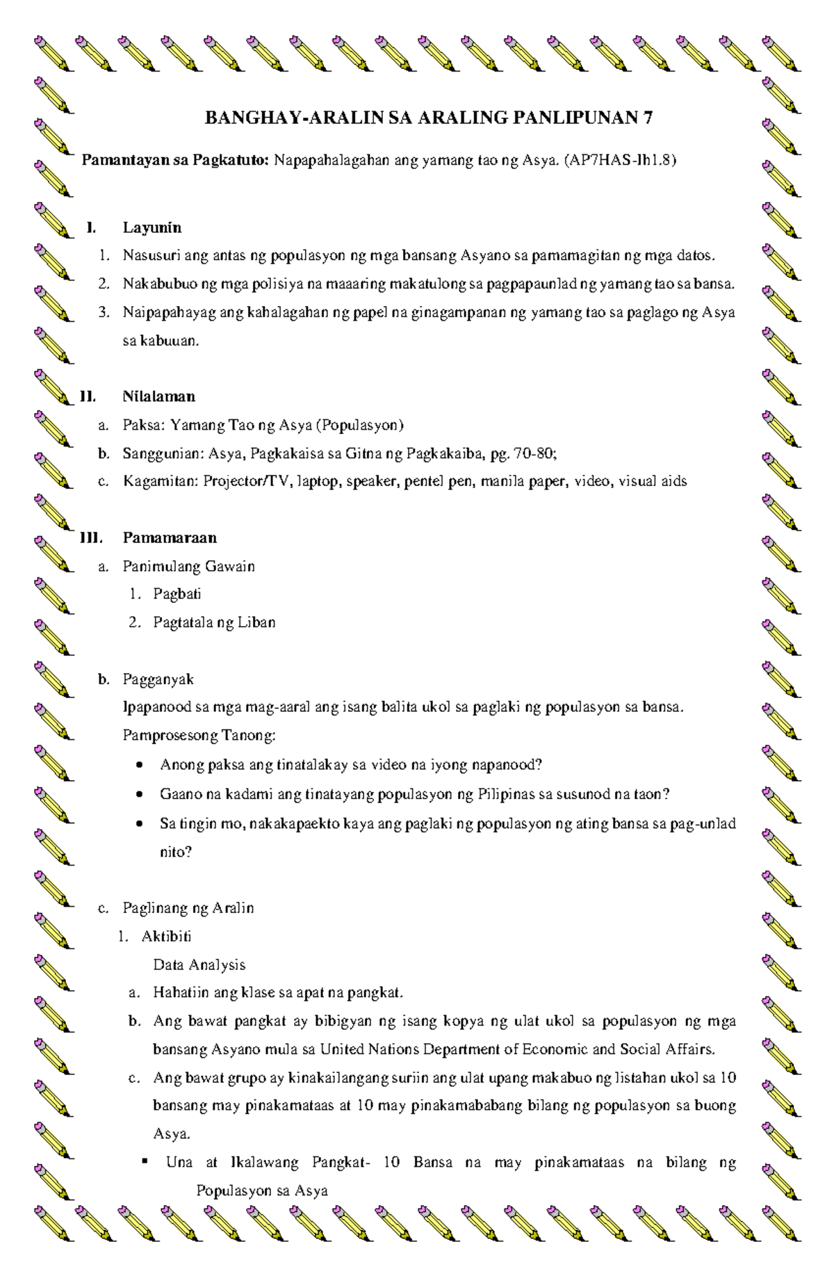 Toaz - Lesson Plan - BANGHAY-ARALIN SA ARALING PANLIPUNAN 7 Pamantayan ...