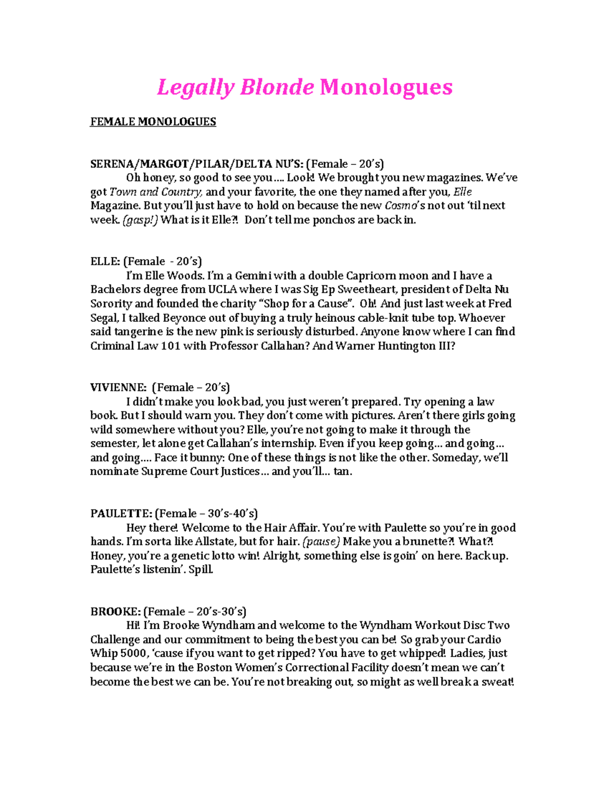 Legally Blonde Monologues - Female Characters Analysis - Studocu