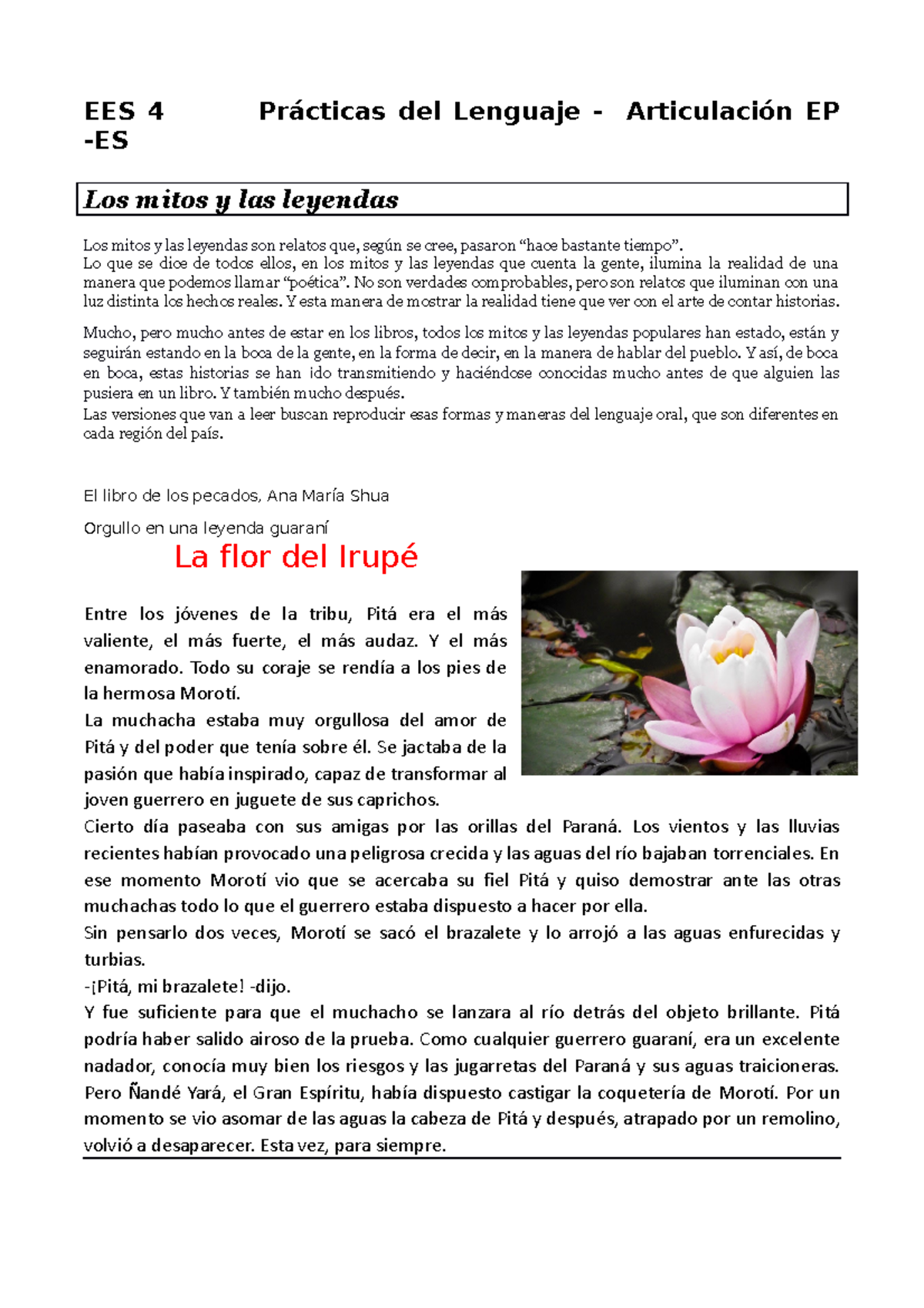 Leyendas EES 4: La Flor del Irupé y su Significado Cultural - Studocu