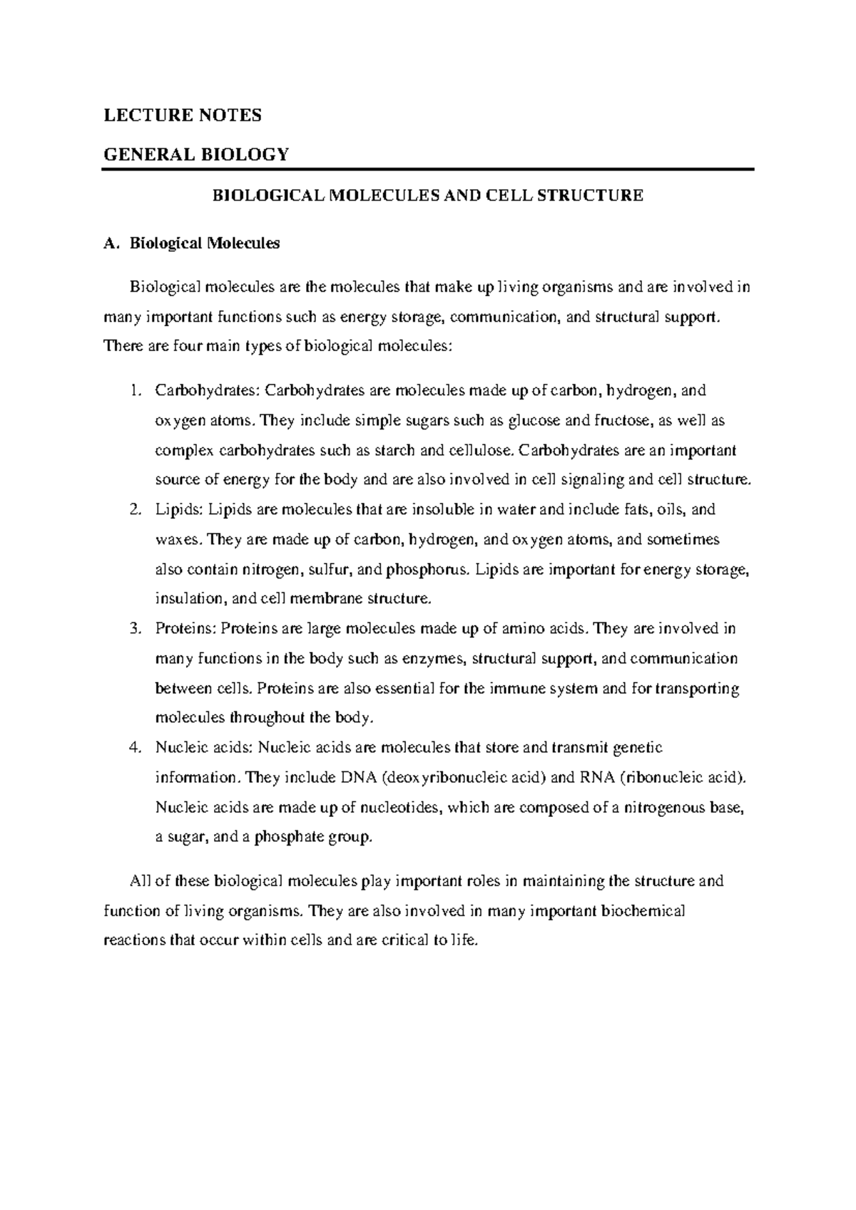 Biological Molecules & Cell Structure Lecture Notes - General Biology ...