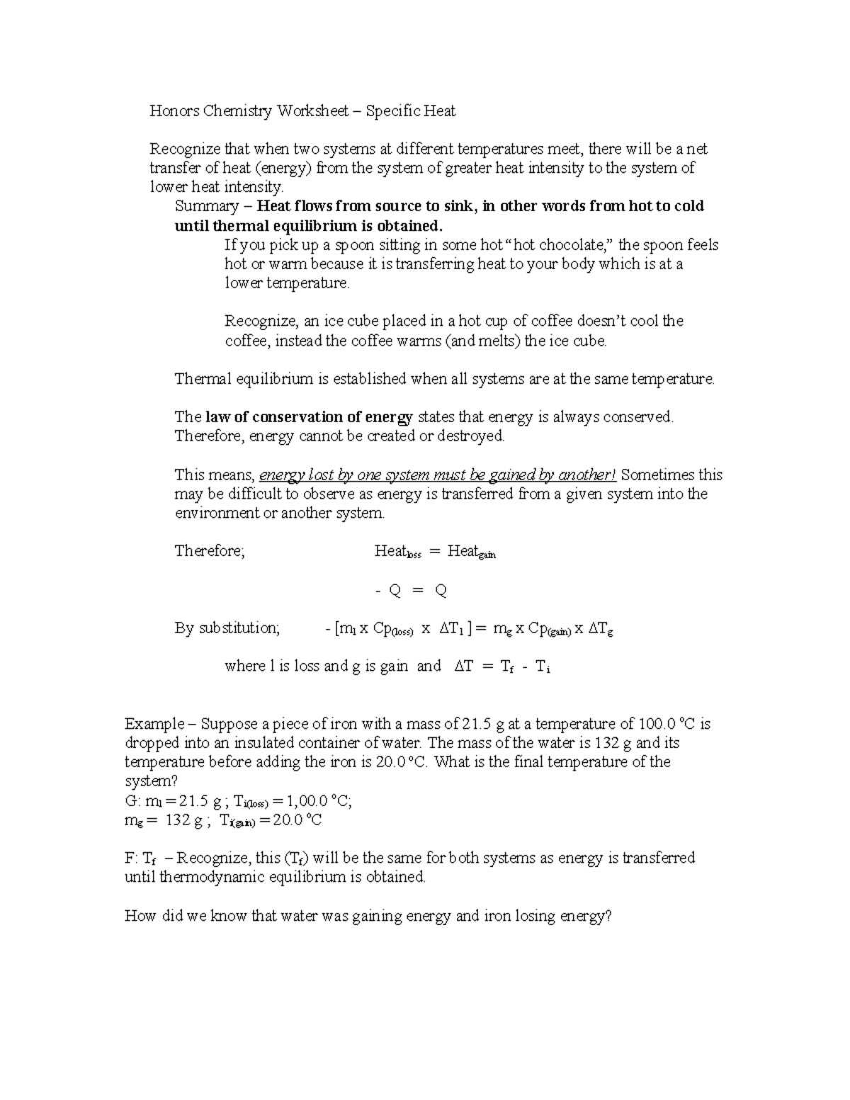 Honors Chemistry Worksheet: Calorimetry Concepts & Solutions - Studocu