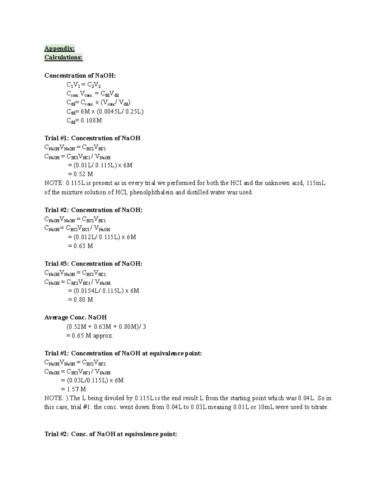 Lab 4 Appendix Experiment - Appendix: Calculations: Concentration of ...