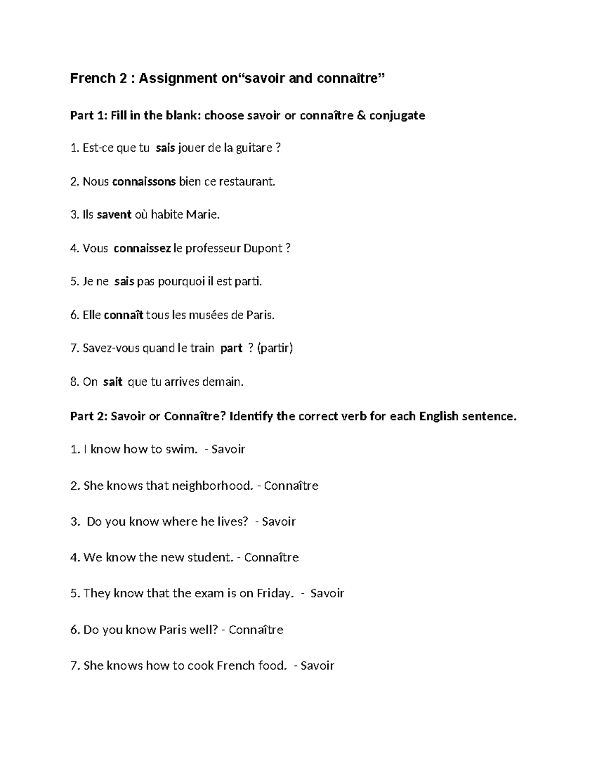 French 2: Assignment on "Savoir and Connaître" - Studocu