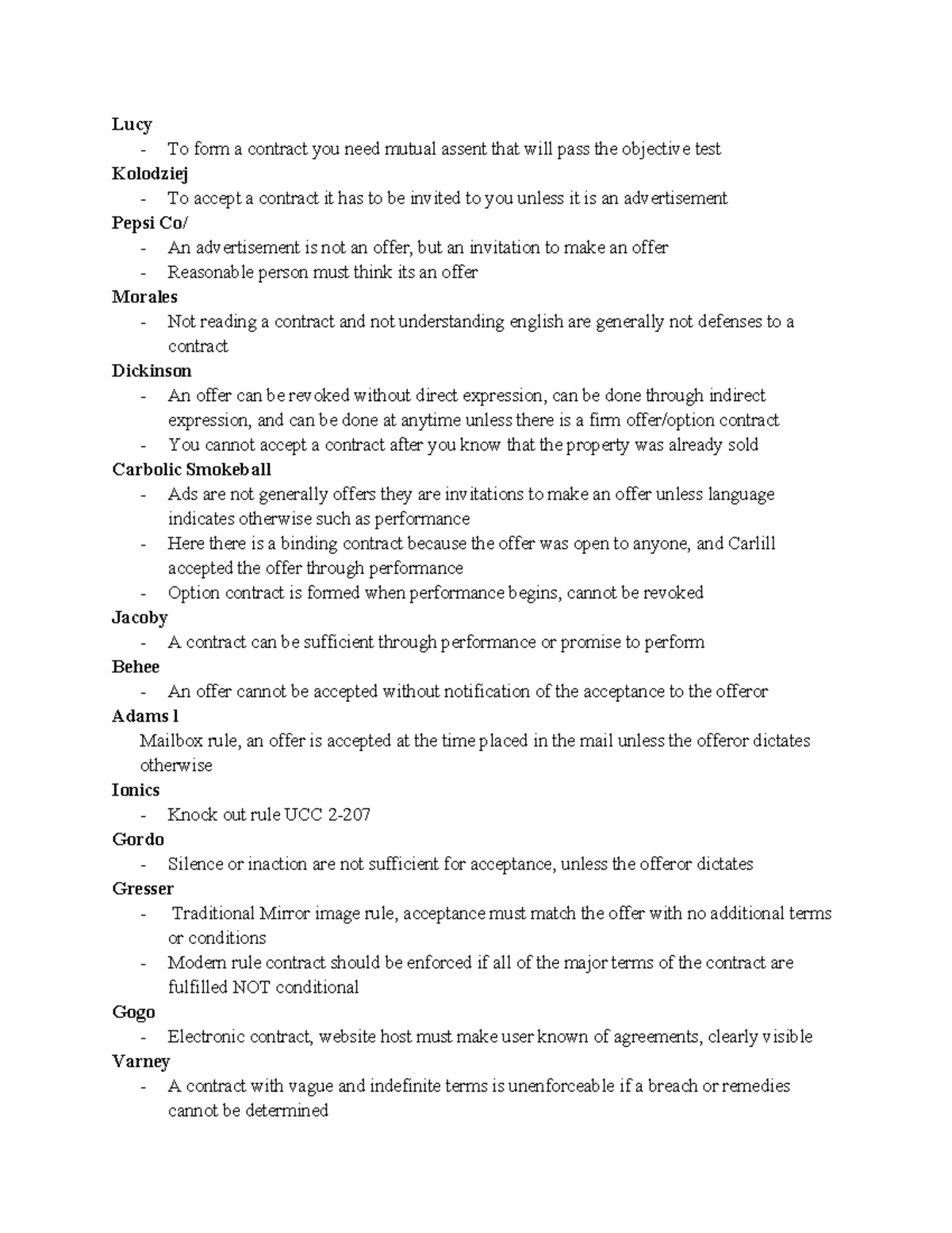 Contracts Case Briefs - Epstein Cases Overview and Key Principles - Studocu