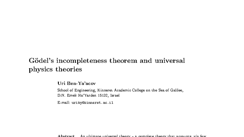 Incompleteness Theorem and Universal Physics Theories (BPI) - Studocu