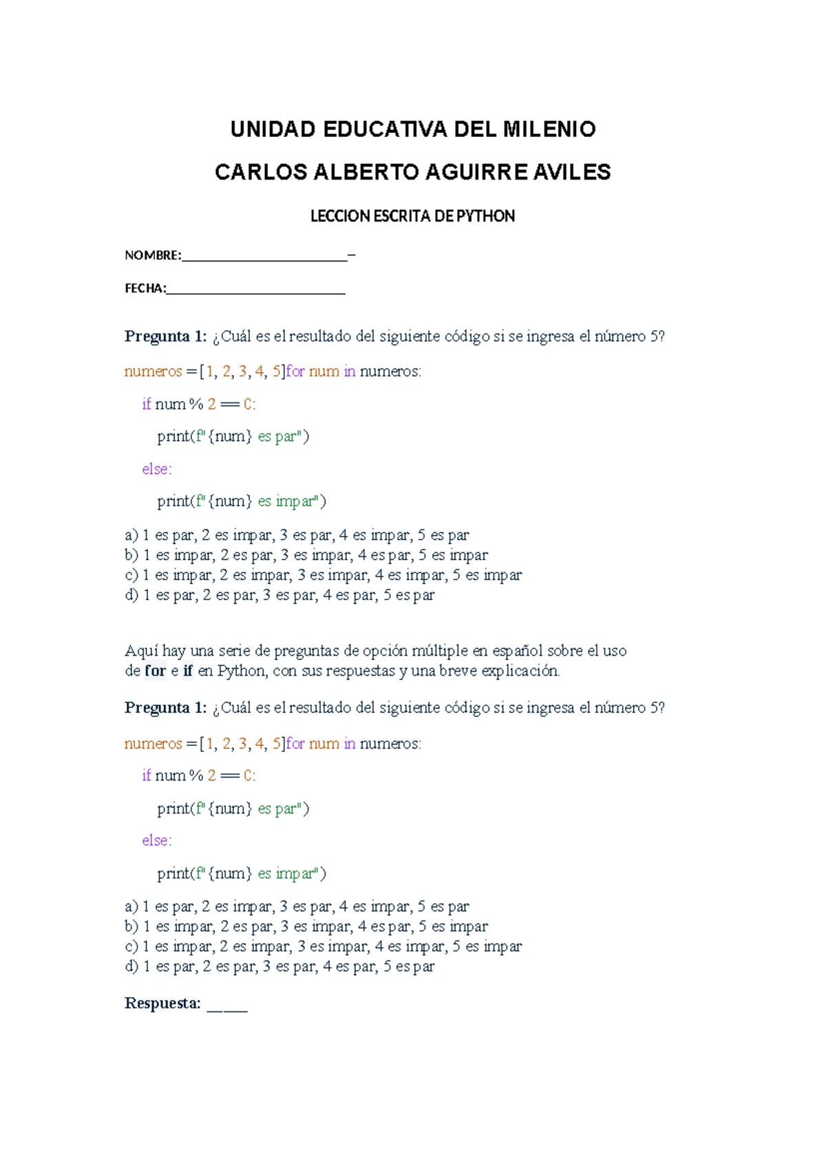 Lección Escrita de Python: Ejercicios y Preguntas de Opción Múltiple - Studocu