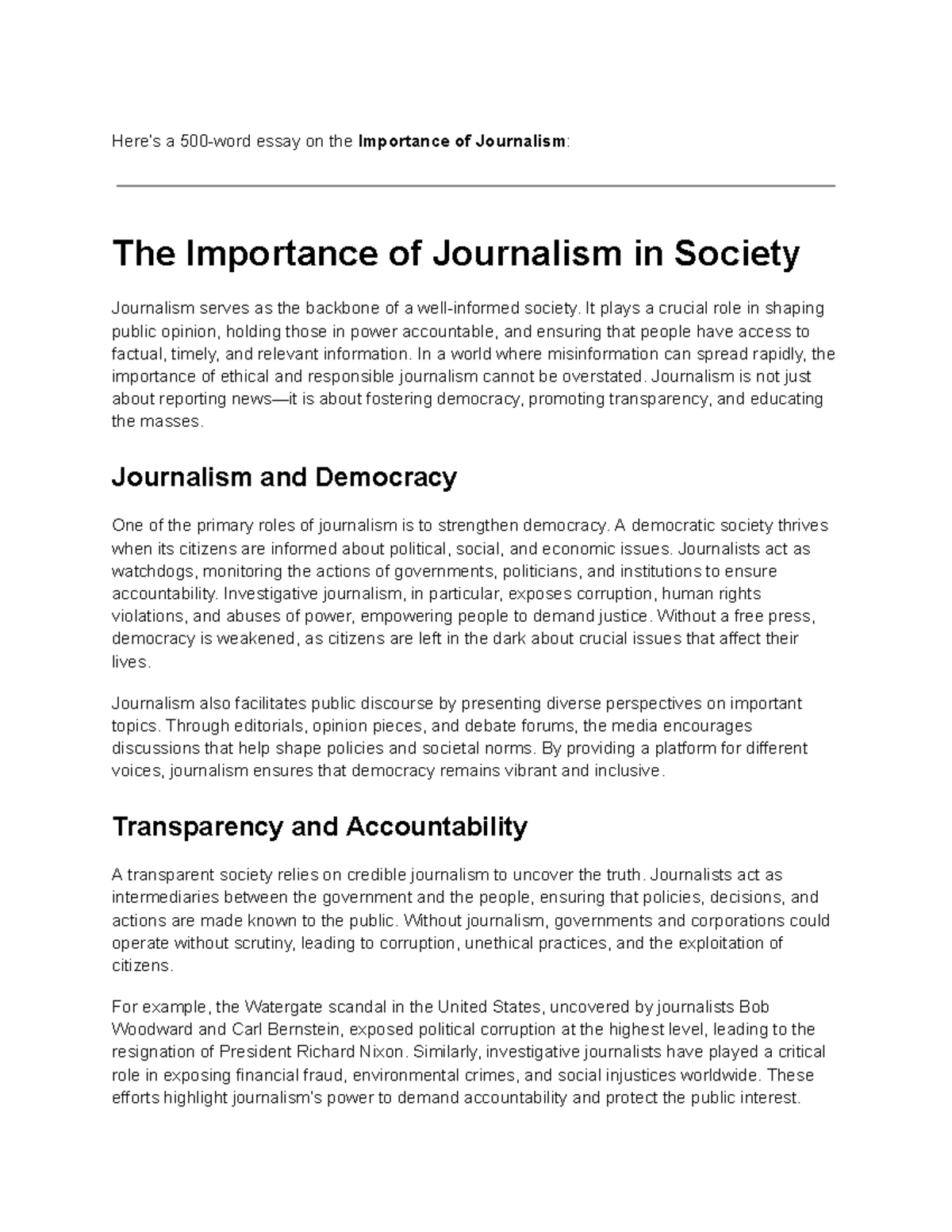 The Significance of Journalism in Society: A 500-Word Essay - Studocu