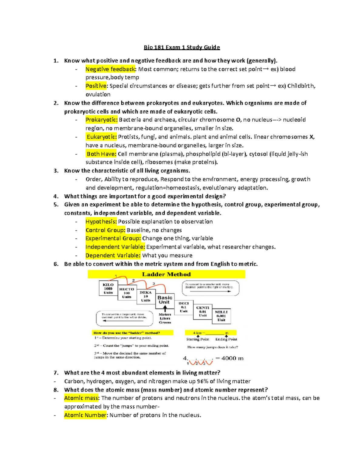 Bio 181 Exam 1 Comprehensive Study Guide and Key Concepts - Studocu